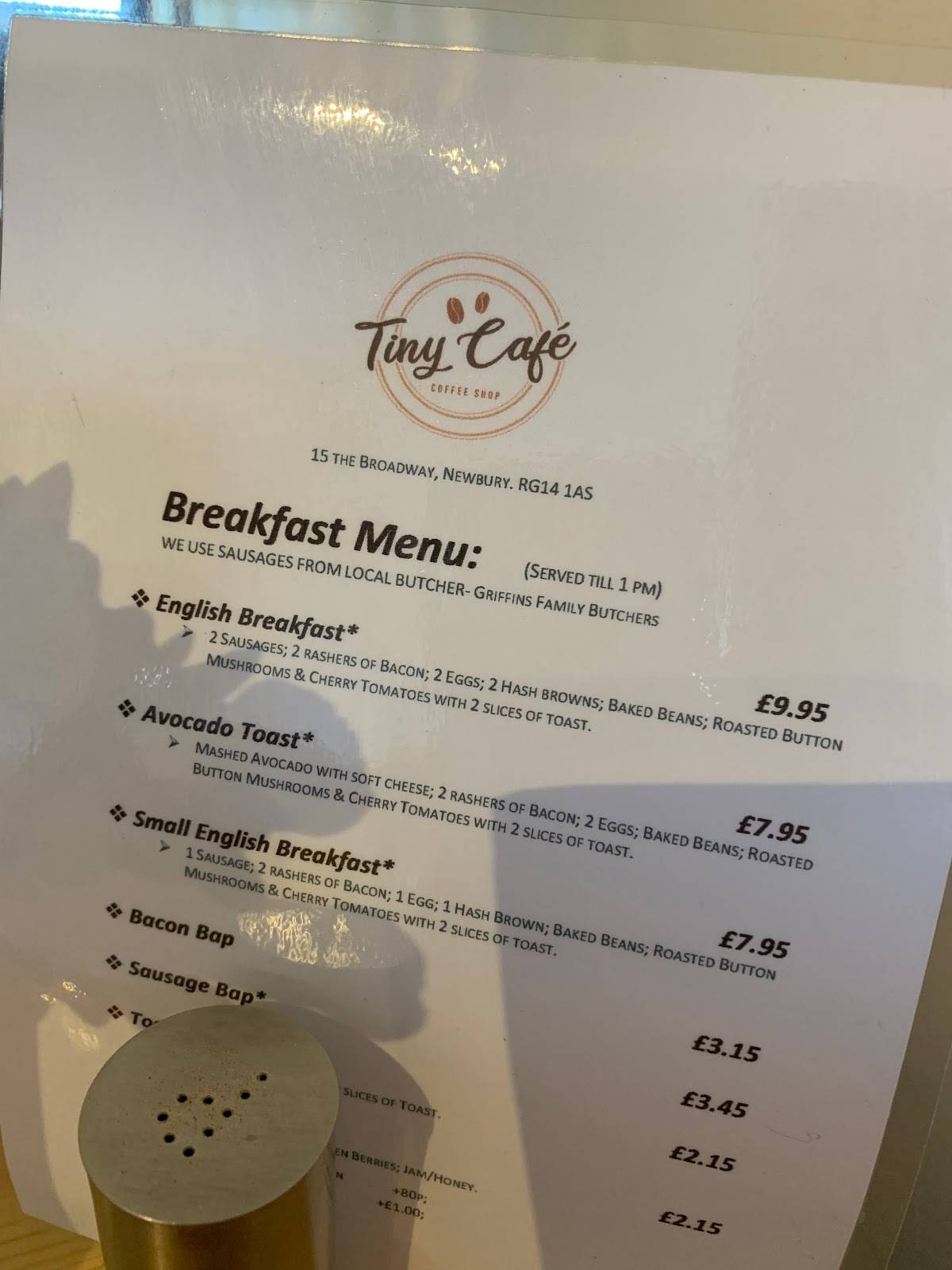 Menu at Tiny Cafe, Newbury
