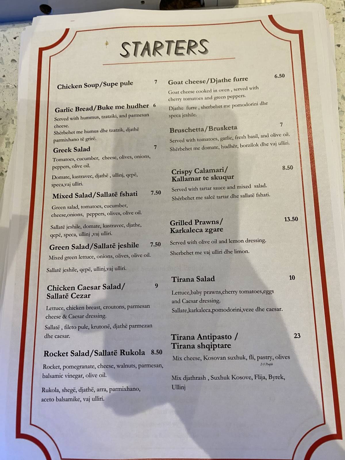 Menu at Tirana Hendon restaurant, London