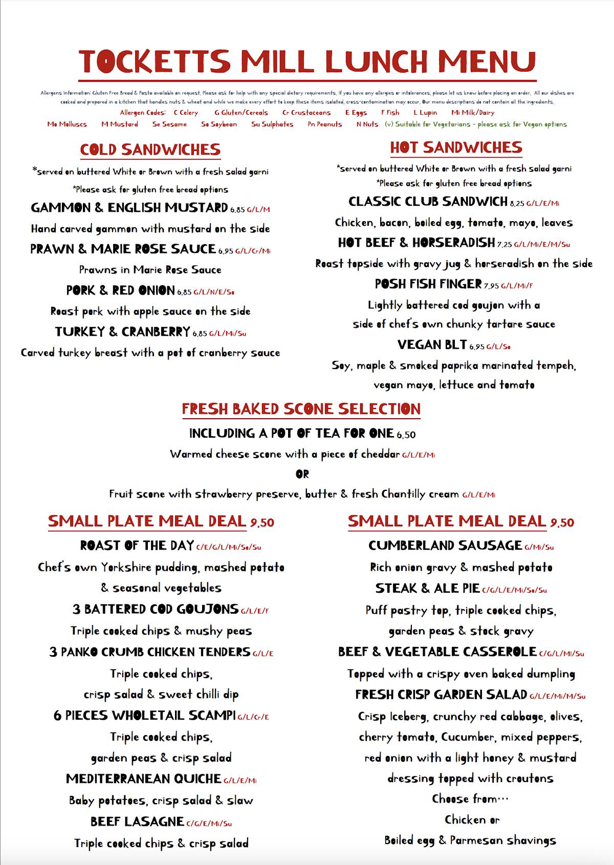 Menu at Tocketts Mill Country Park and Restaurant, Guisborough