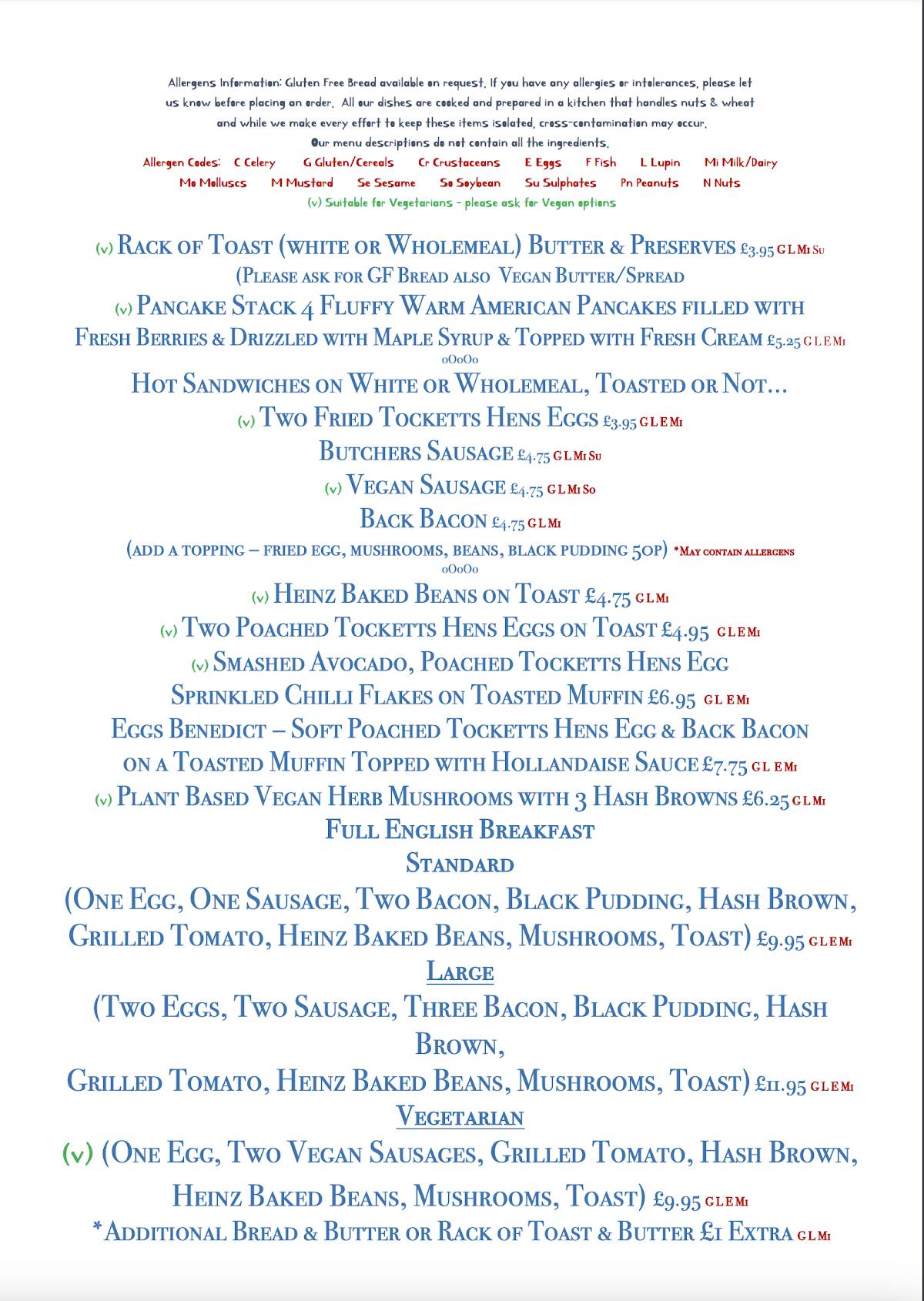 Menu at Tocketts Mill Country Park and Restaurant, Guisborough