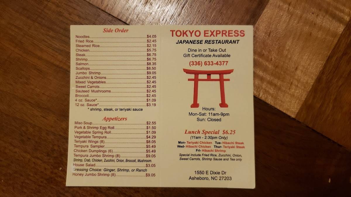 Menu at Tokyo Express restaurant, Asheboro, E Dixie Dr