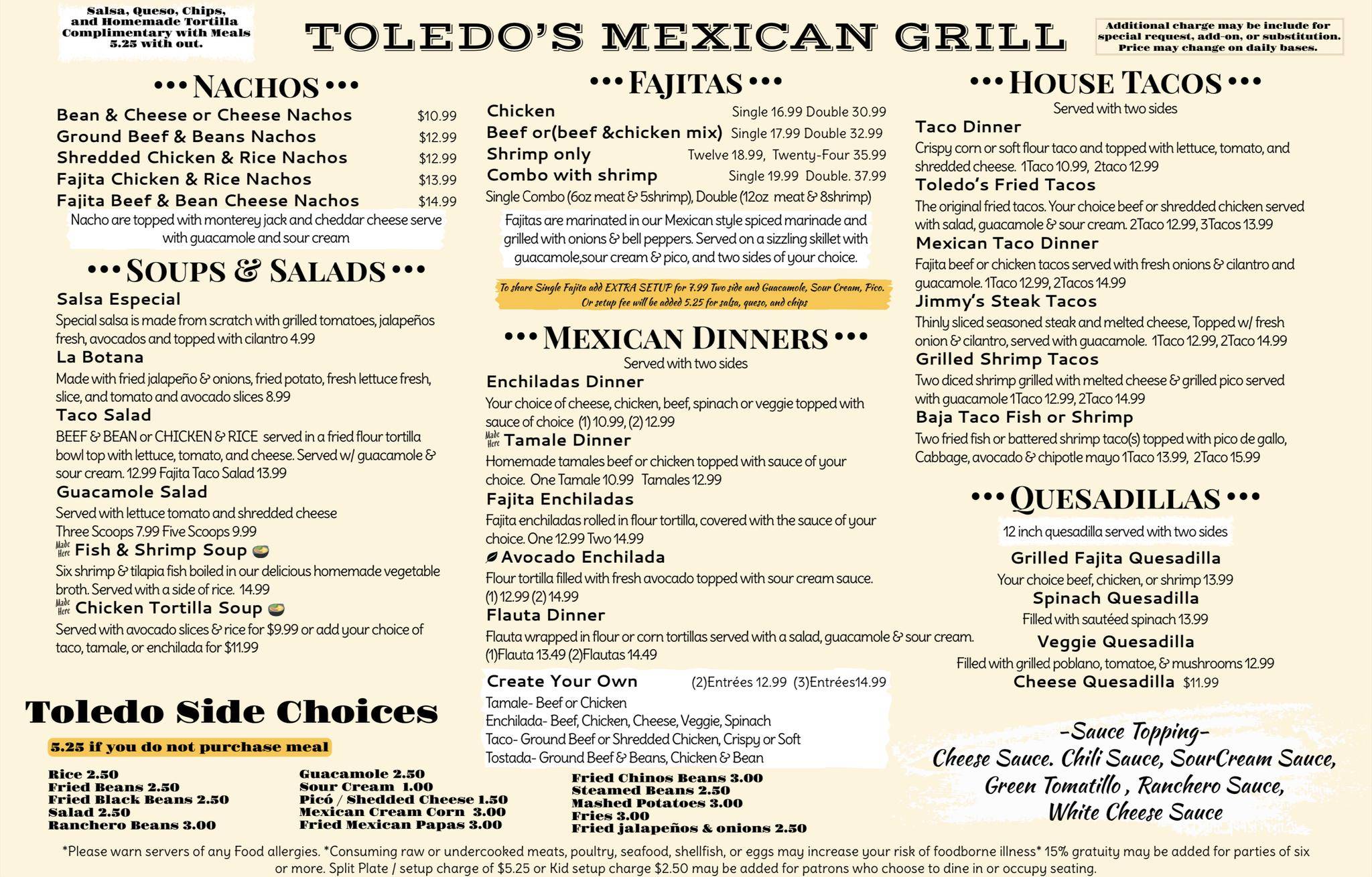 Menu at Toledo's Méxican Grill restaurant, Mustang