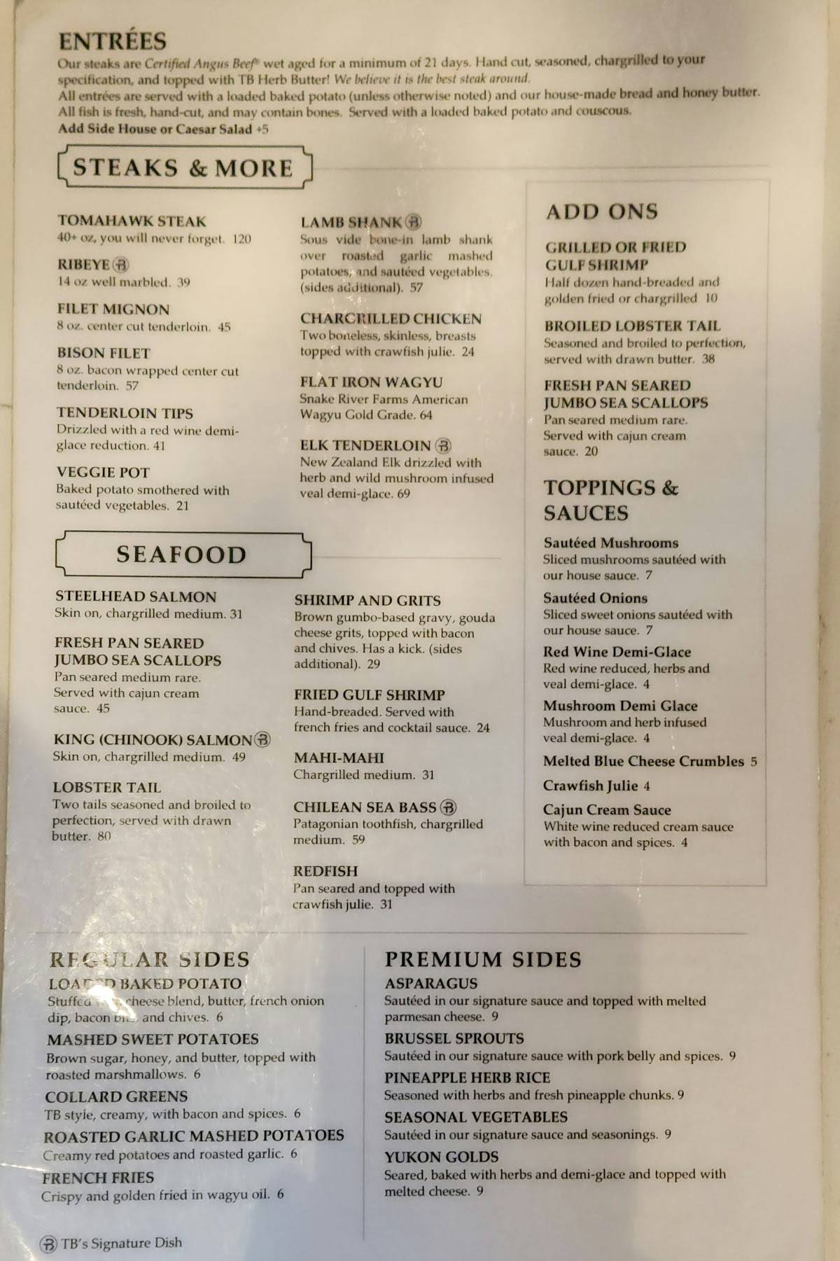 Menu at Tom Brown's Restaurant, Madison
