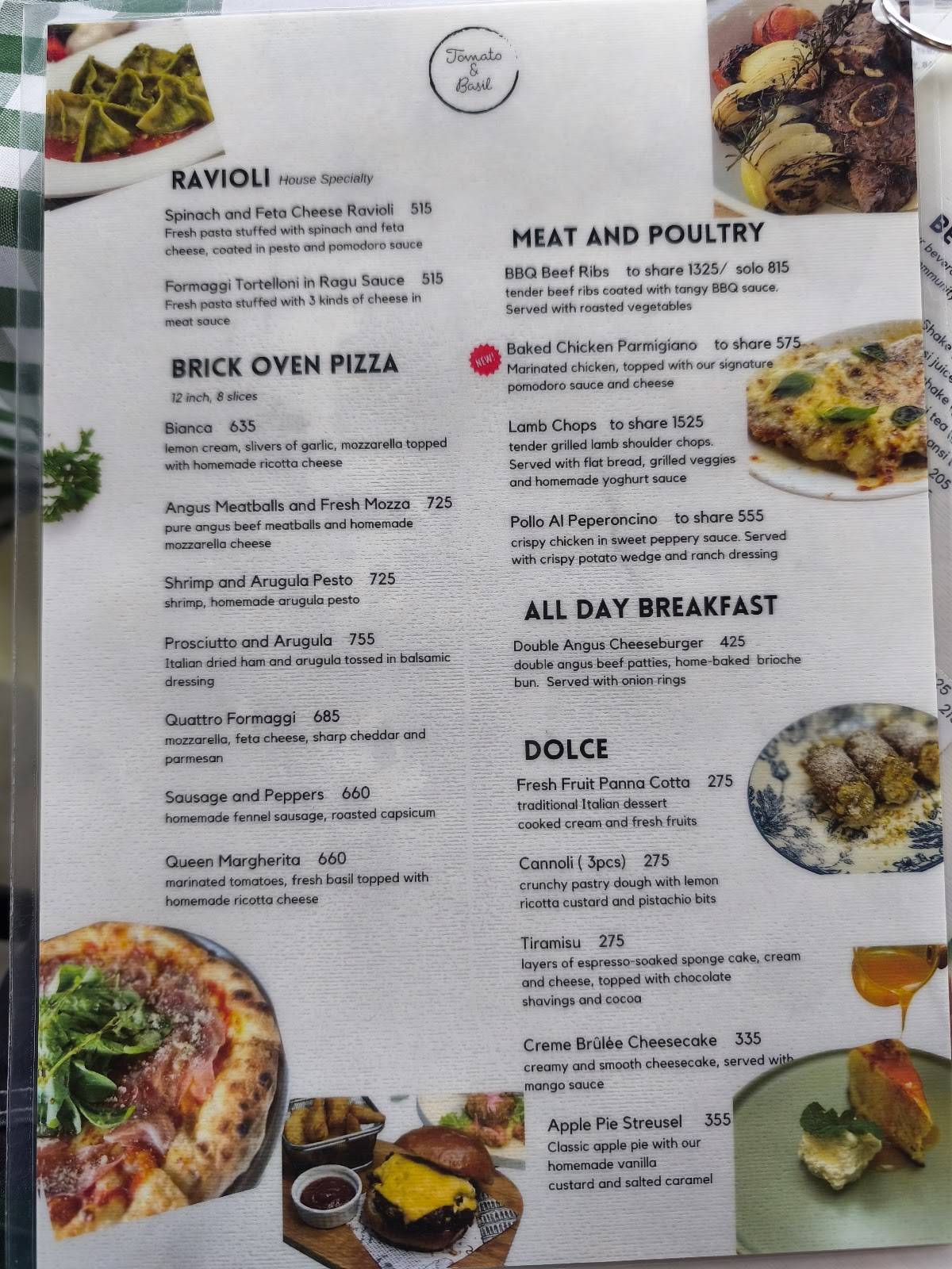 Menu at Tomato and Basil Cafe, Mataas Na Kahoy