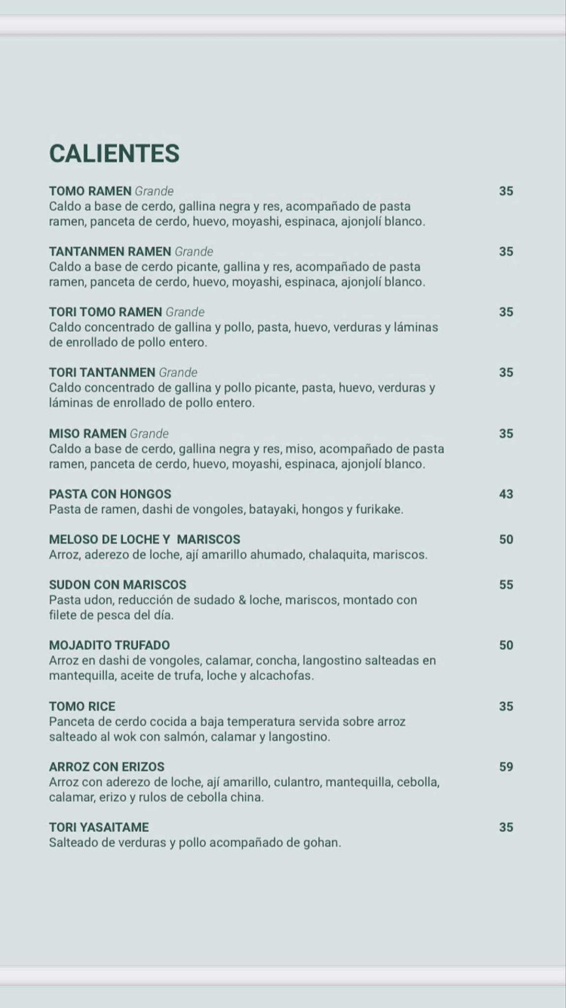 Carta del restaurante Tomo Cocina Nikkei, Miraflores