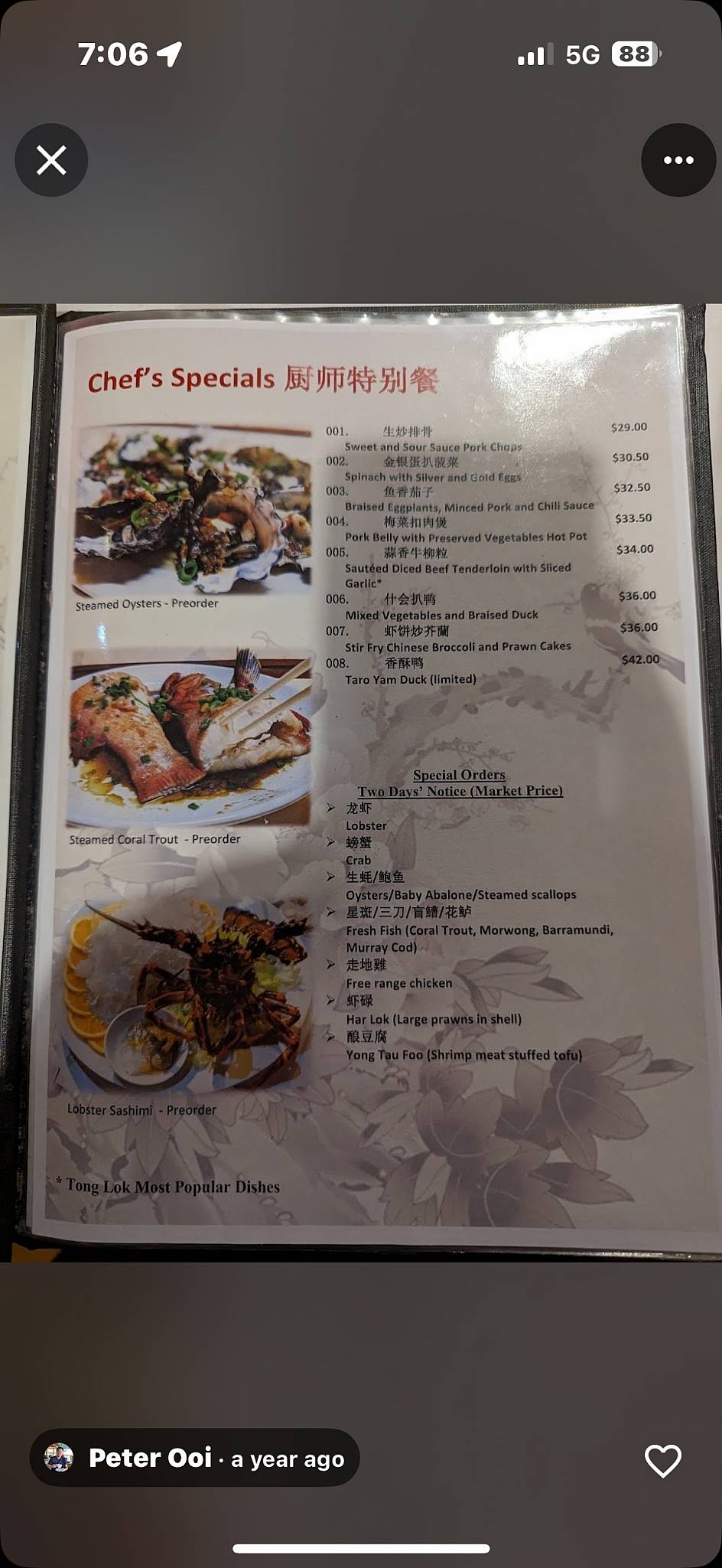 Menu at Tong Lok restaurant, Ashburton