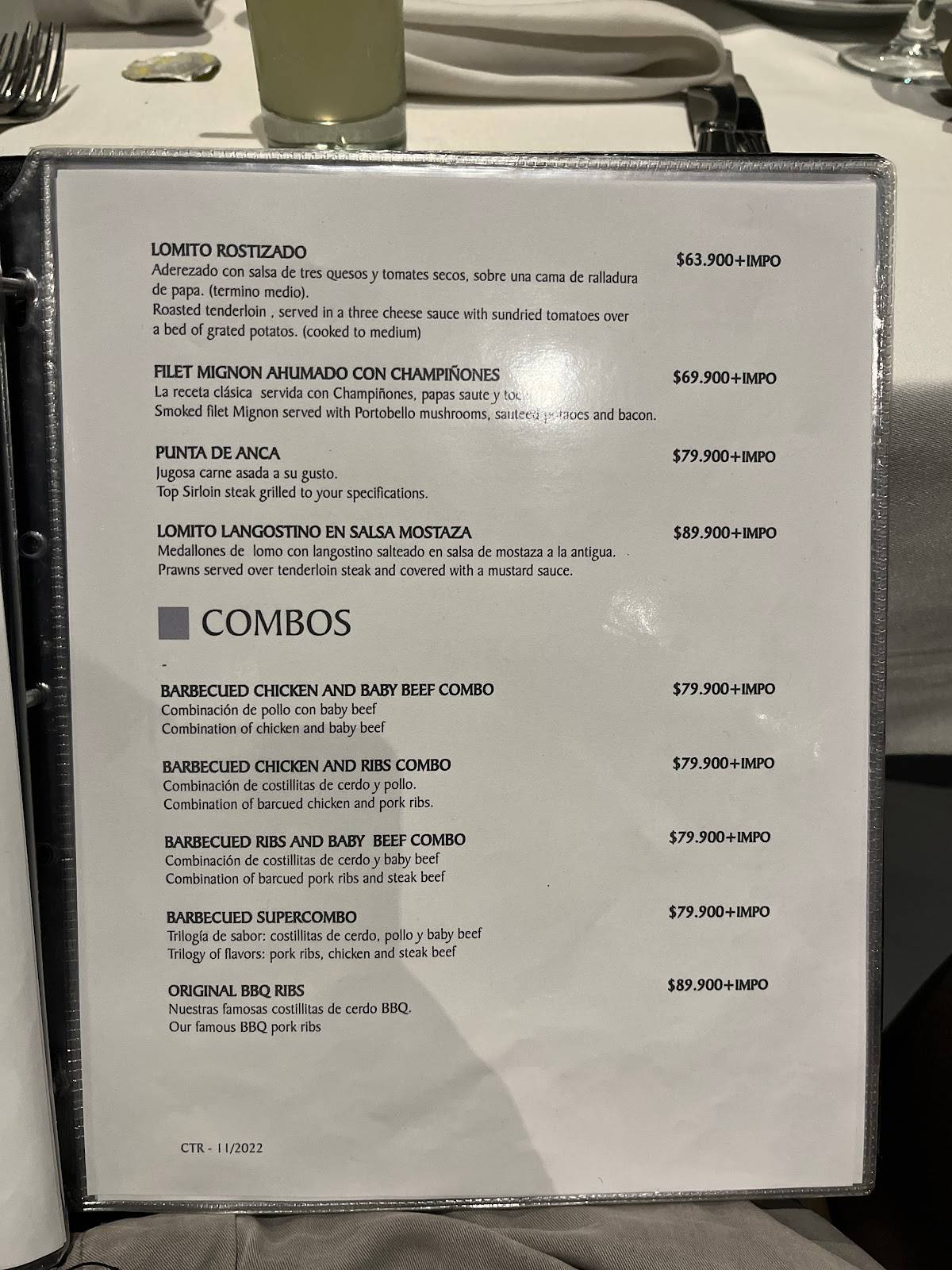 Menu at Tony Roma's Revolving Restaurant Bar, Medellín