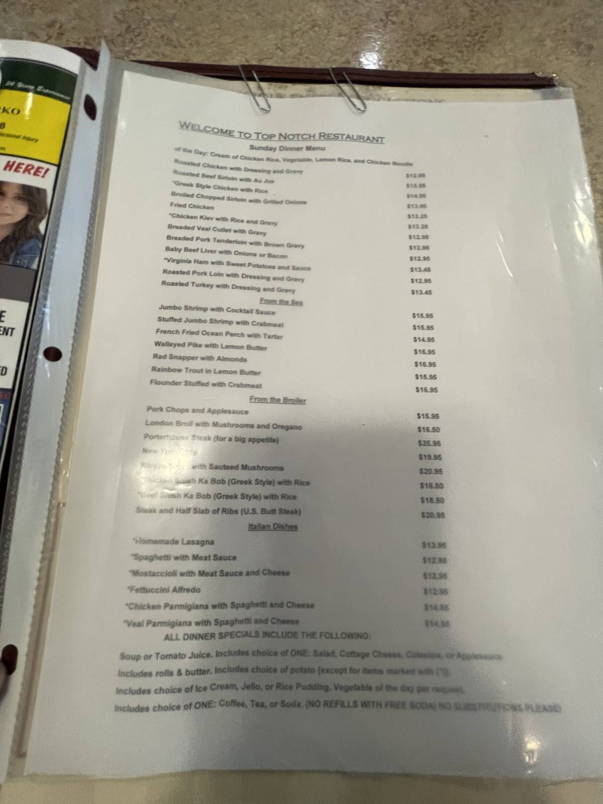 Menu at Top Notch Restaurant, Highland