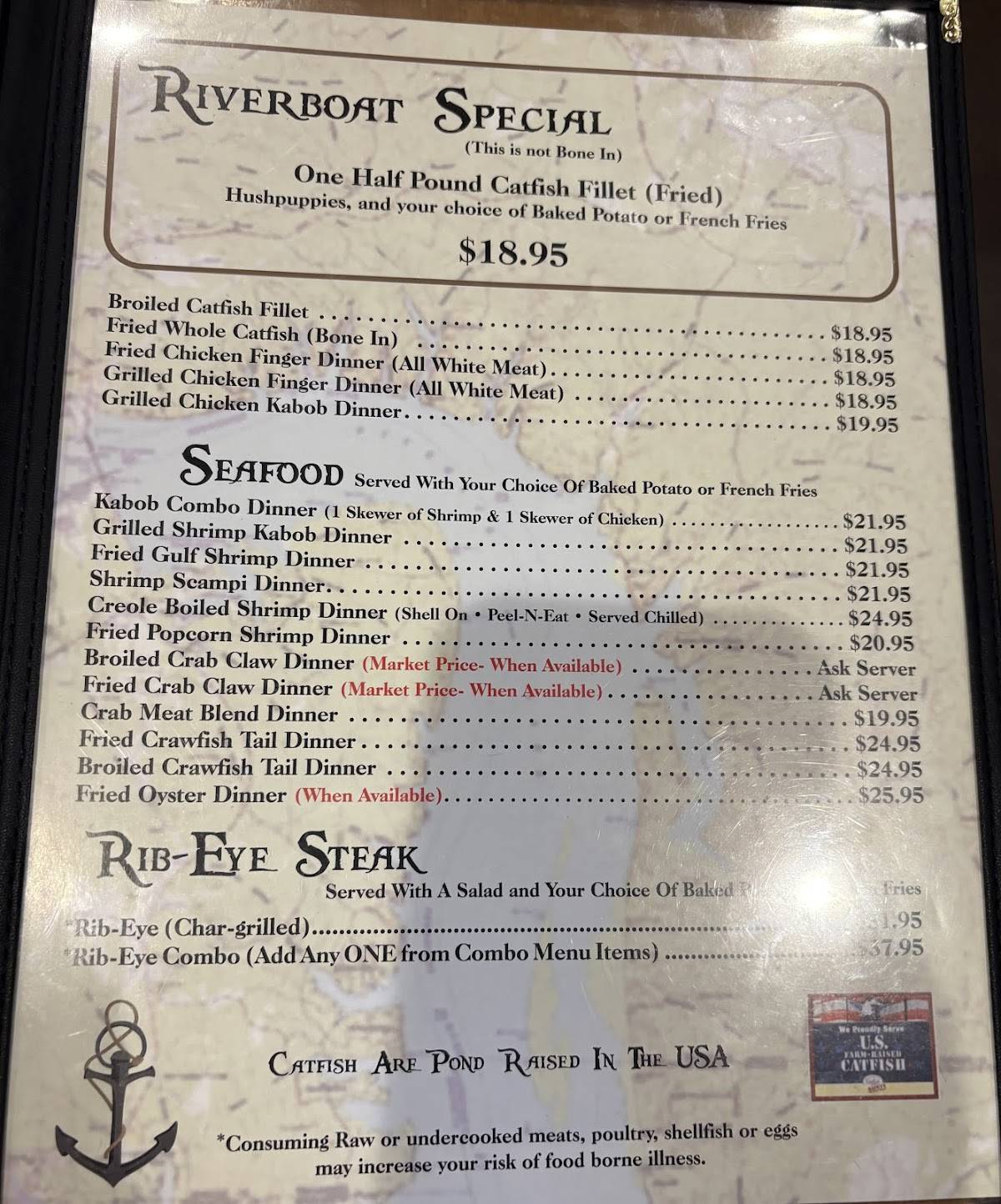 Menu at Top O' The River restaurant, Michie