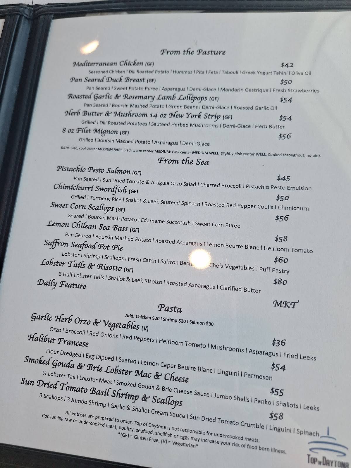 Menu at Top of Daytona Restaurant, Daytona Beach