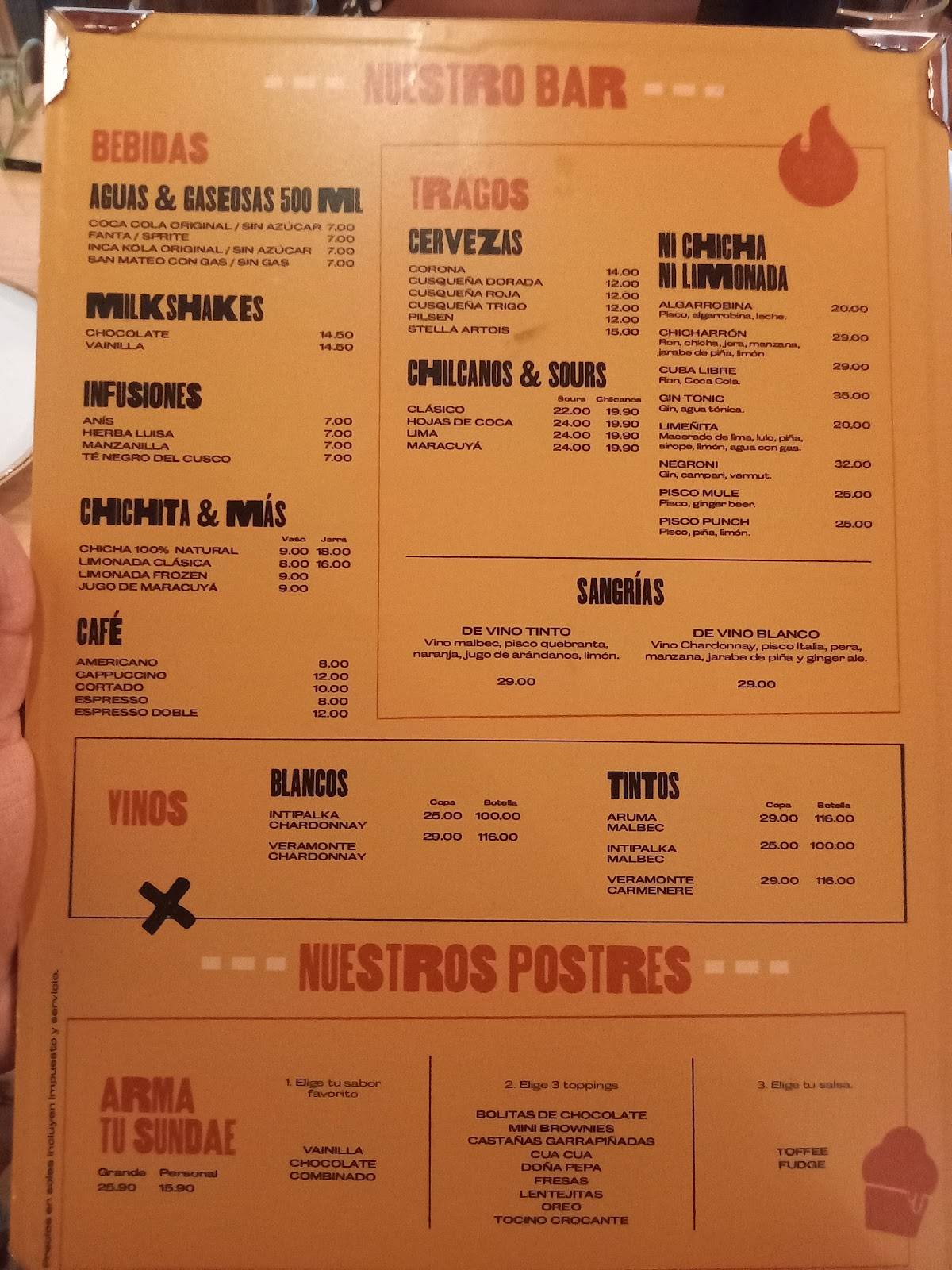 Menu at Tori Pollería restaurant, Miraflores