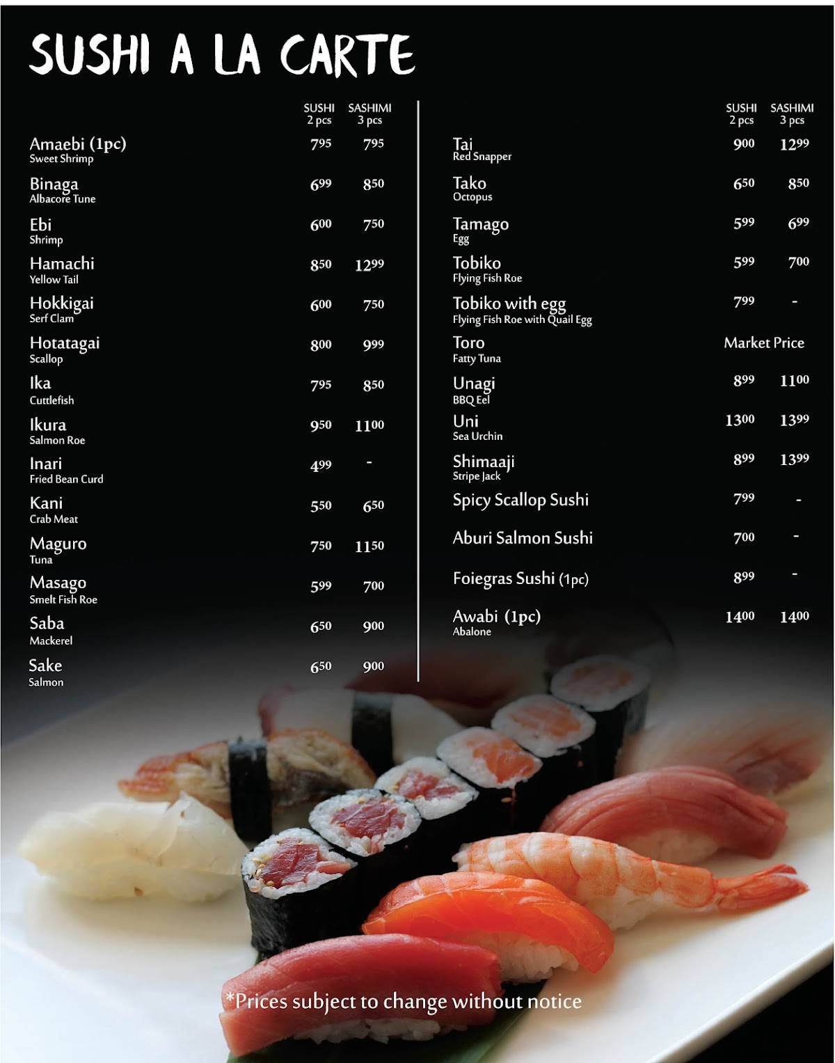 Menu at Fukui Sushi restaurant, Toronto