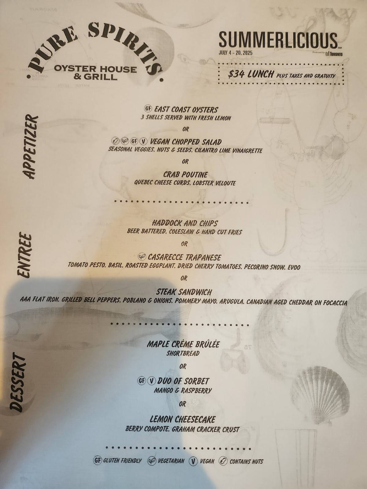 Menu at Pure Spirits pub & bar, Toronto
