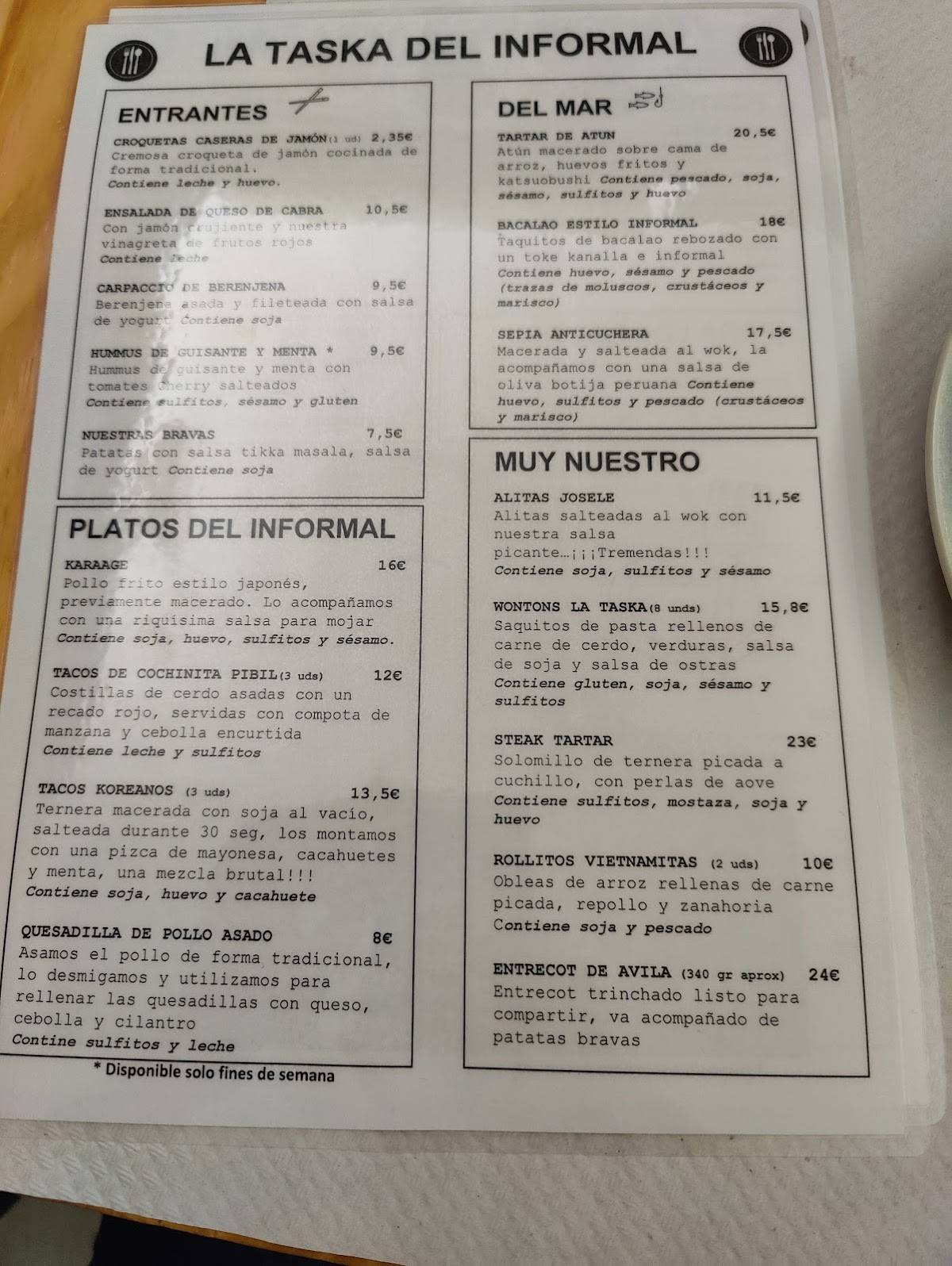 Carta del restaurante La Taska Del Informal, Torrejón del Ardoz, C. Ceuta