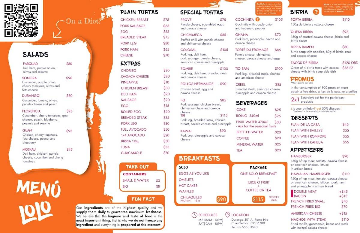 Menu at Tortas Lolo restaurant, Naucalpan