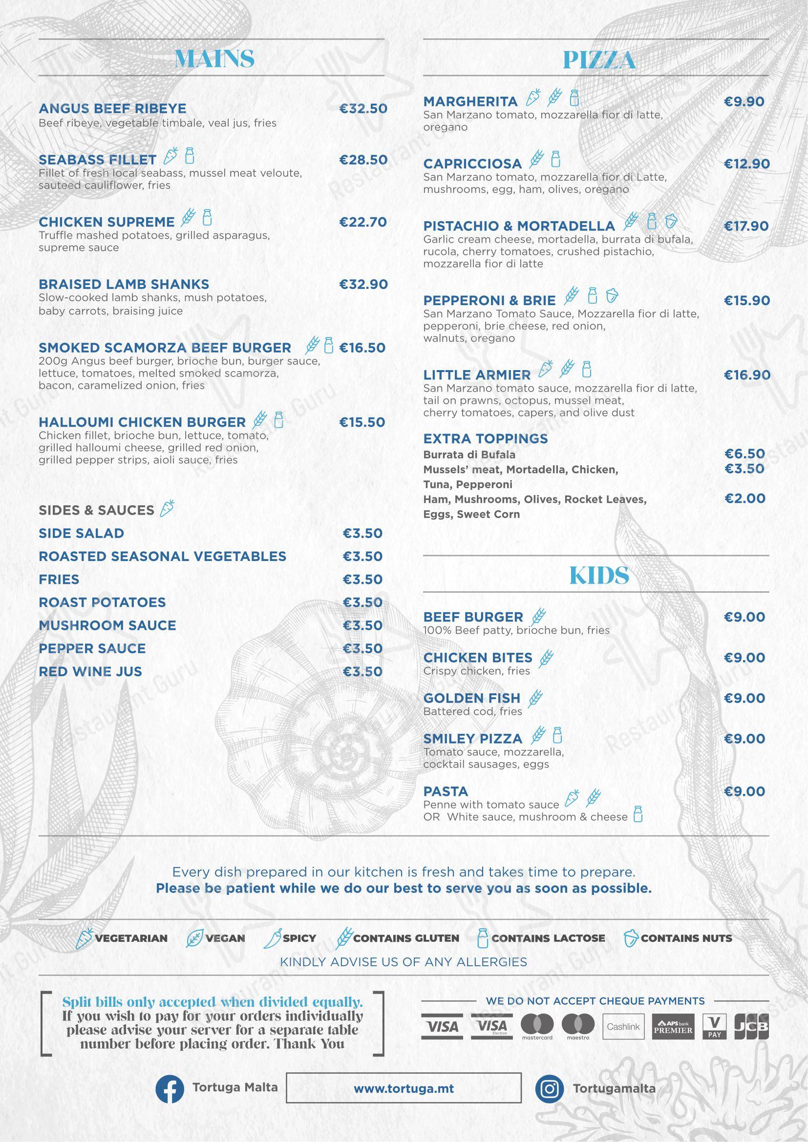 Menu at Tortuga Malta restaurant, Mellieha, Little Armier Bay