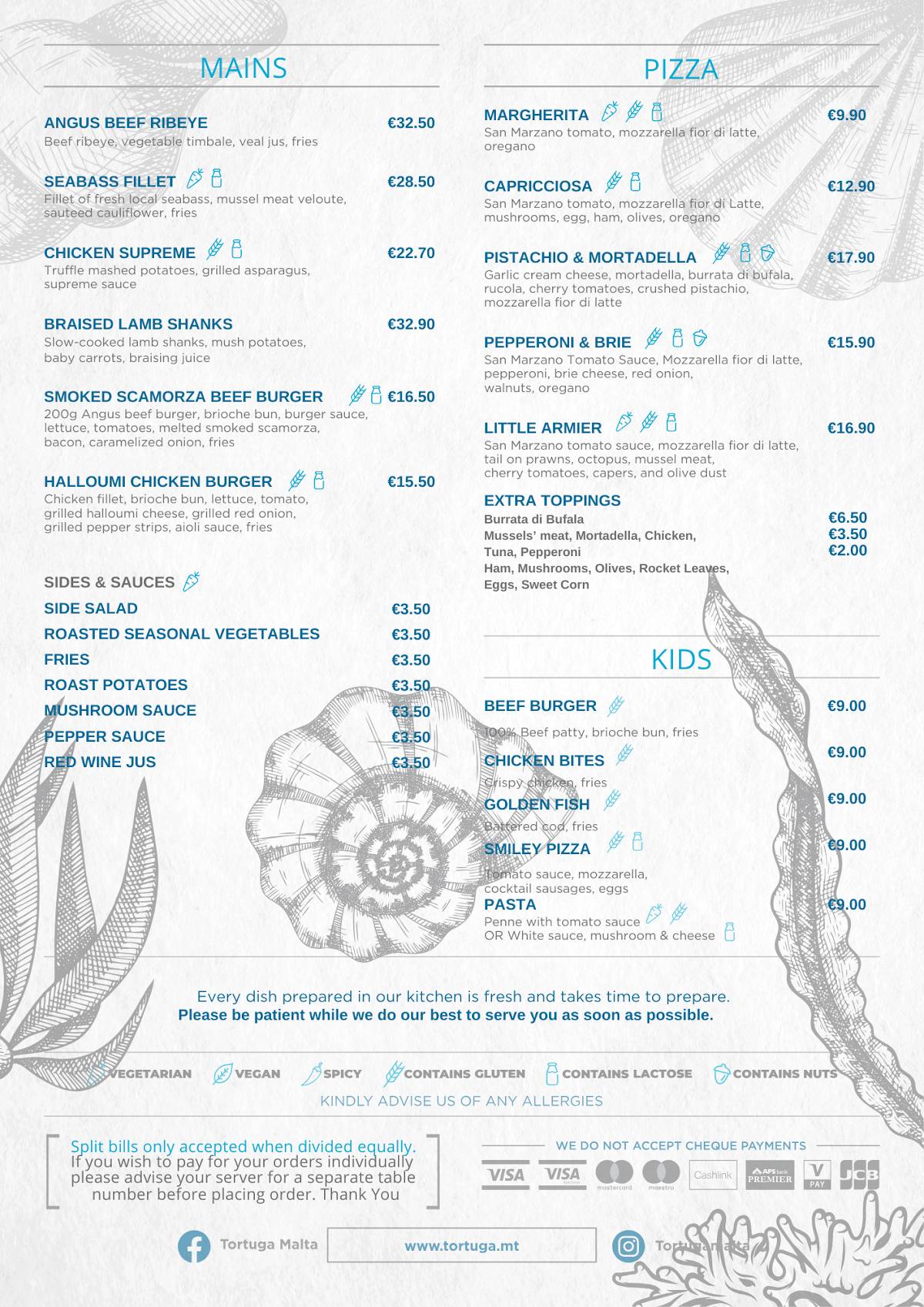 Menu at Tortuga Malta restaurant, Mellieha, Little Armier Bay