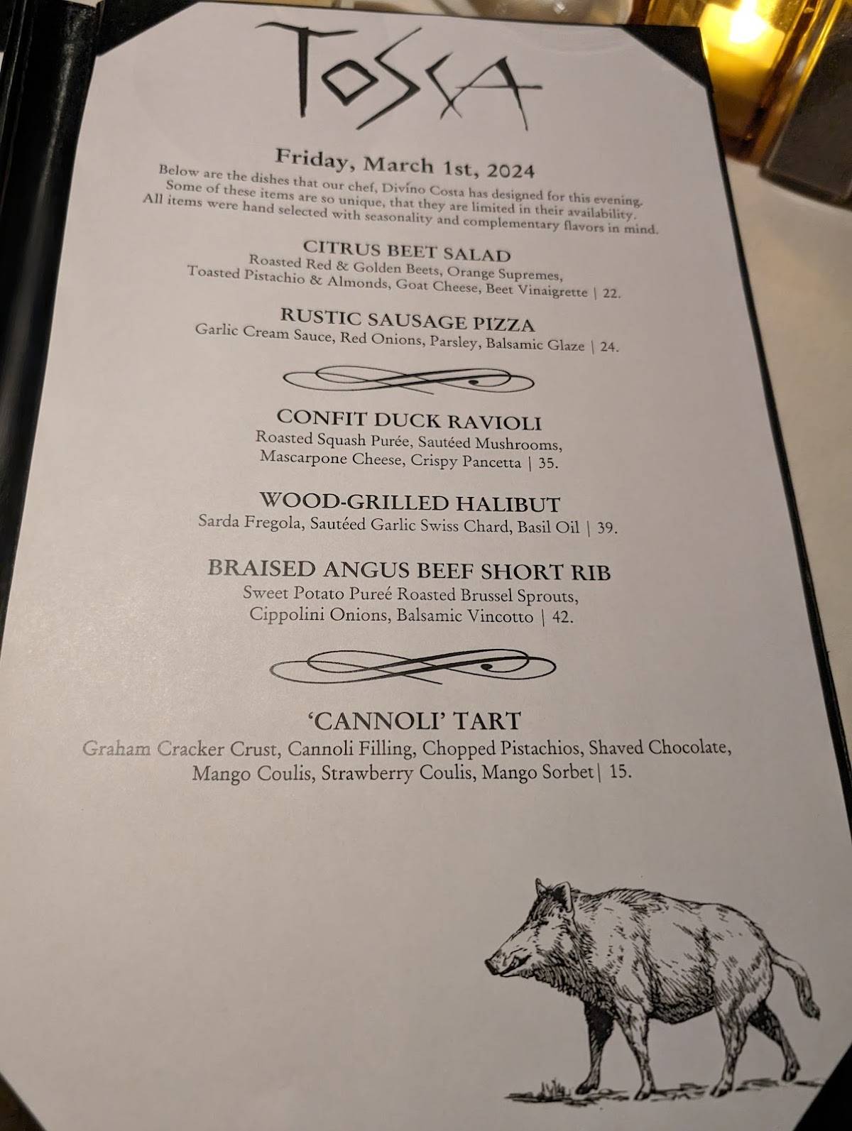 Menu at Tosca restaurant, Hingham