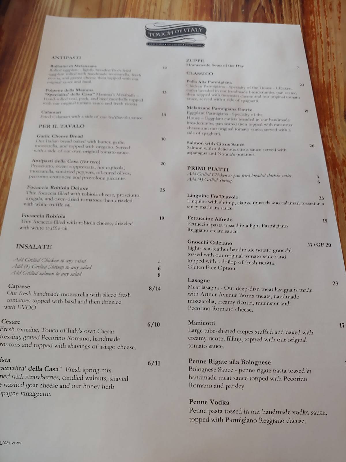 Menu at Touch of Italy restaurant, Ocean City