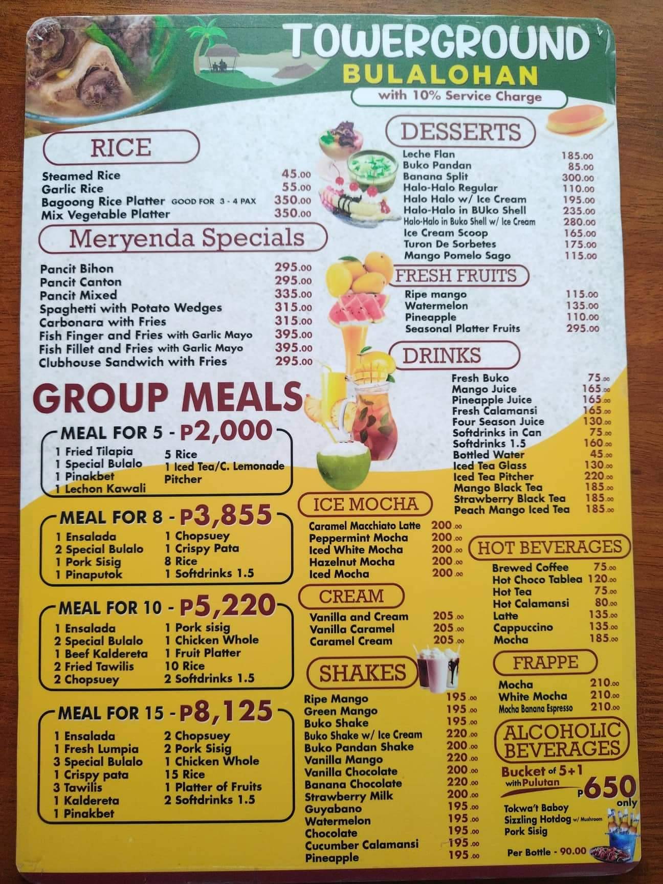 Menu at Tower Ground Bulalohan restaurant, Tagaytay, One Destination