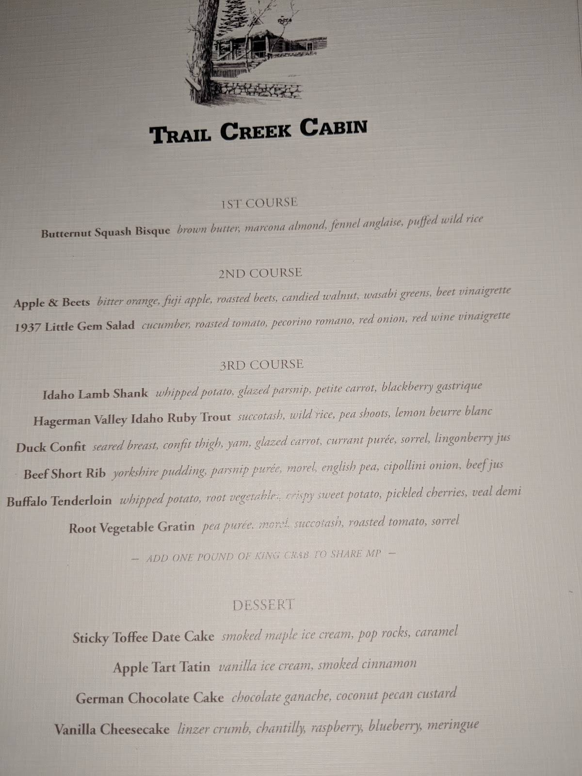 Menu at Trail Creek Cabin steakhouse, Sun Valley, 300 Trail Creek Cabin Rd
