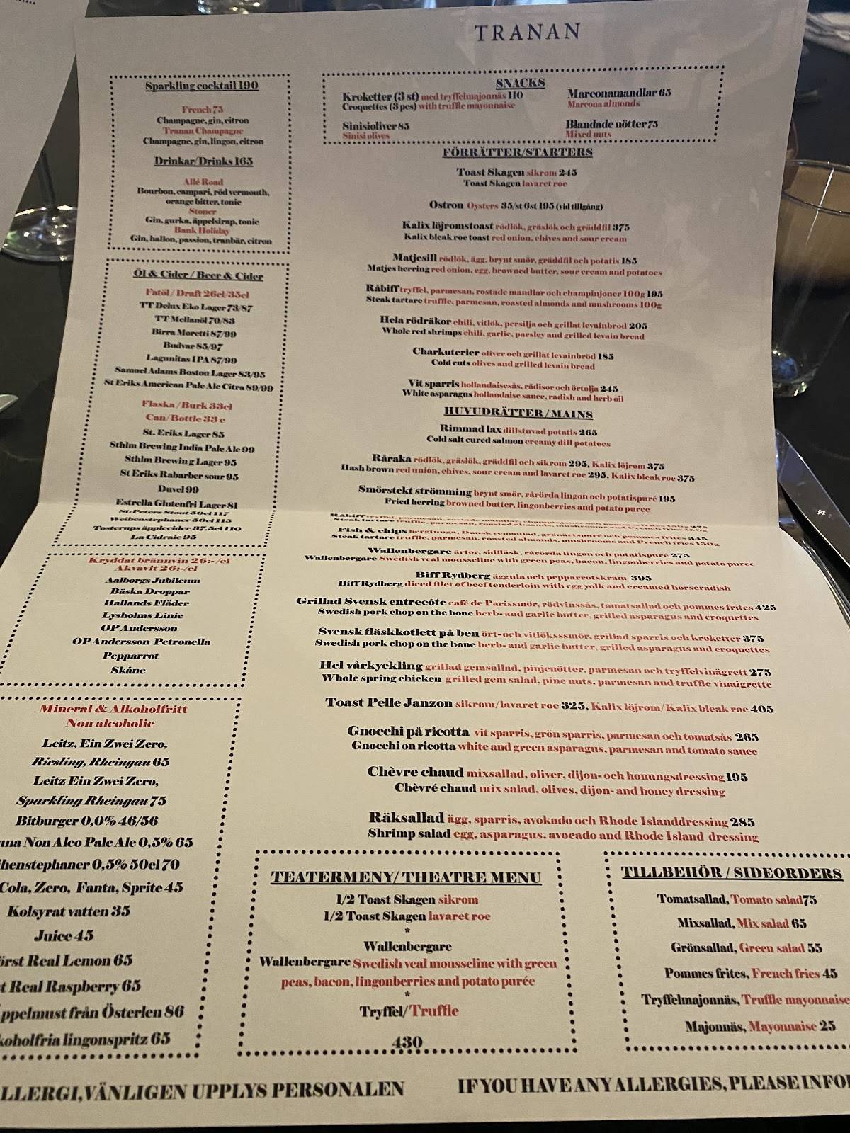 Menu at Tranan restaurant, Stockholm, Karlbergsvägen 14