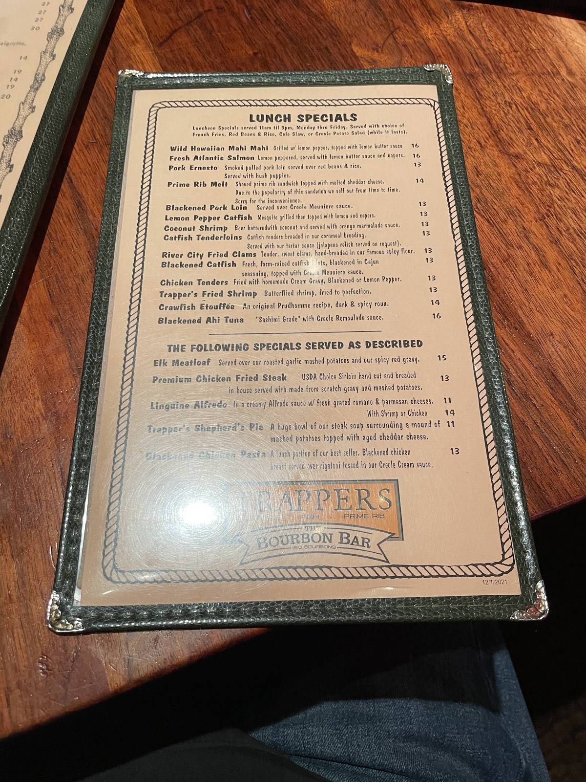 Menu at Trapper's Fishcamp & Grill restaurant, Oklahoma City