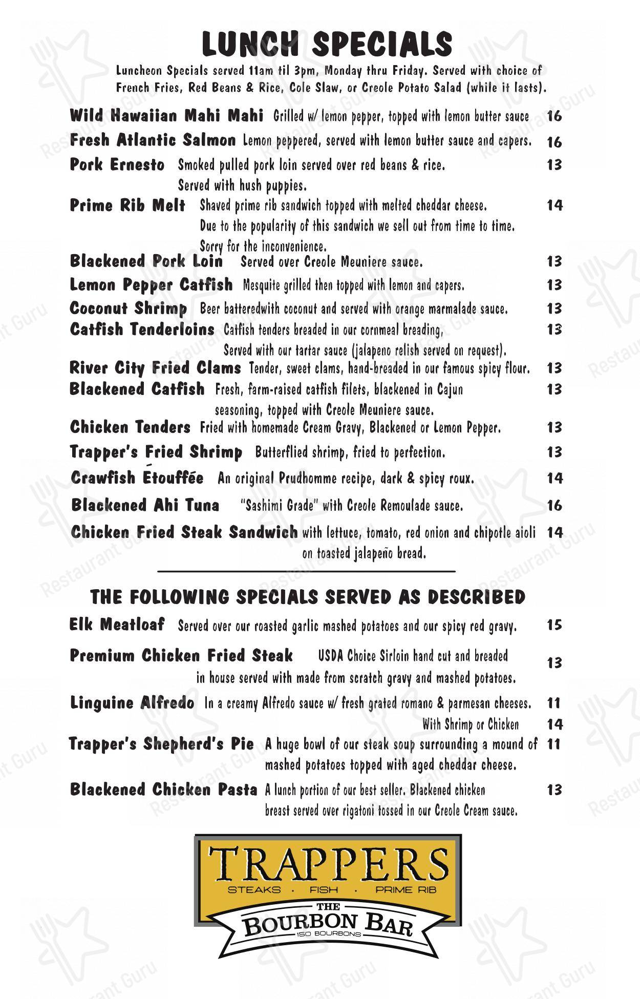 Menu at Trapper's Fishcamp & Grill restaurant, Oklahoma City
