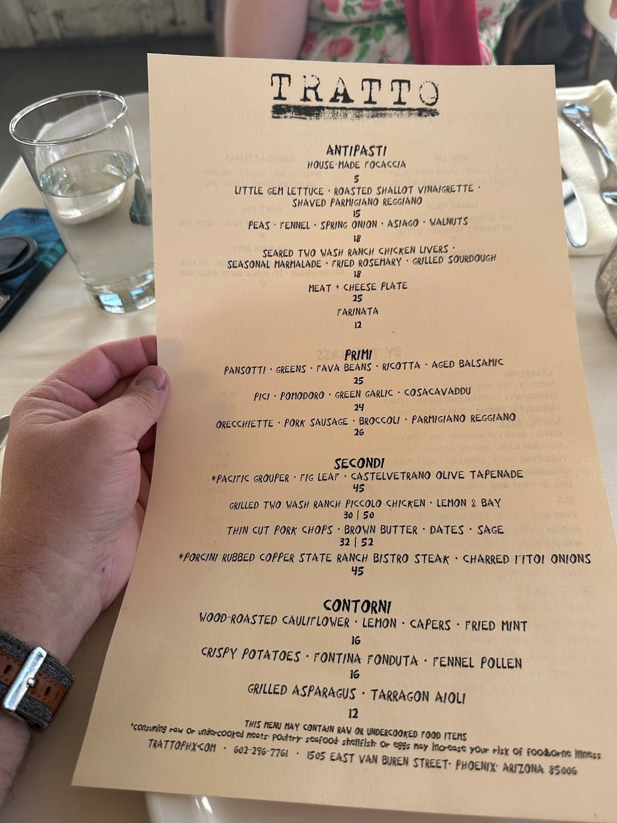 Menu at Tratto pub & bar, Phoenix, E Van Buren St
