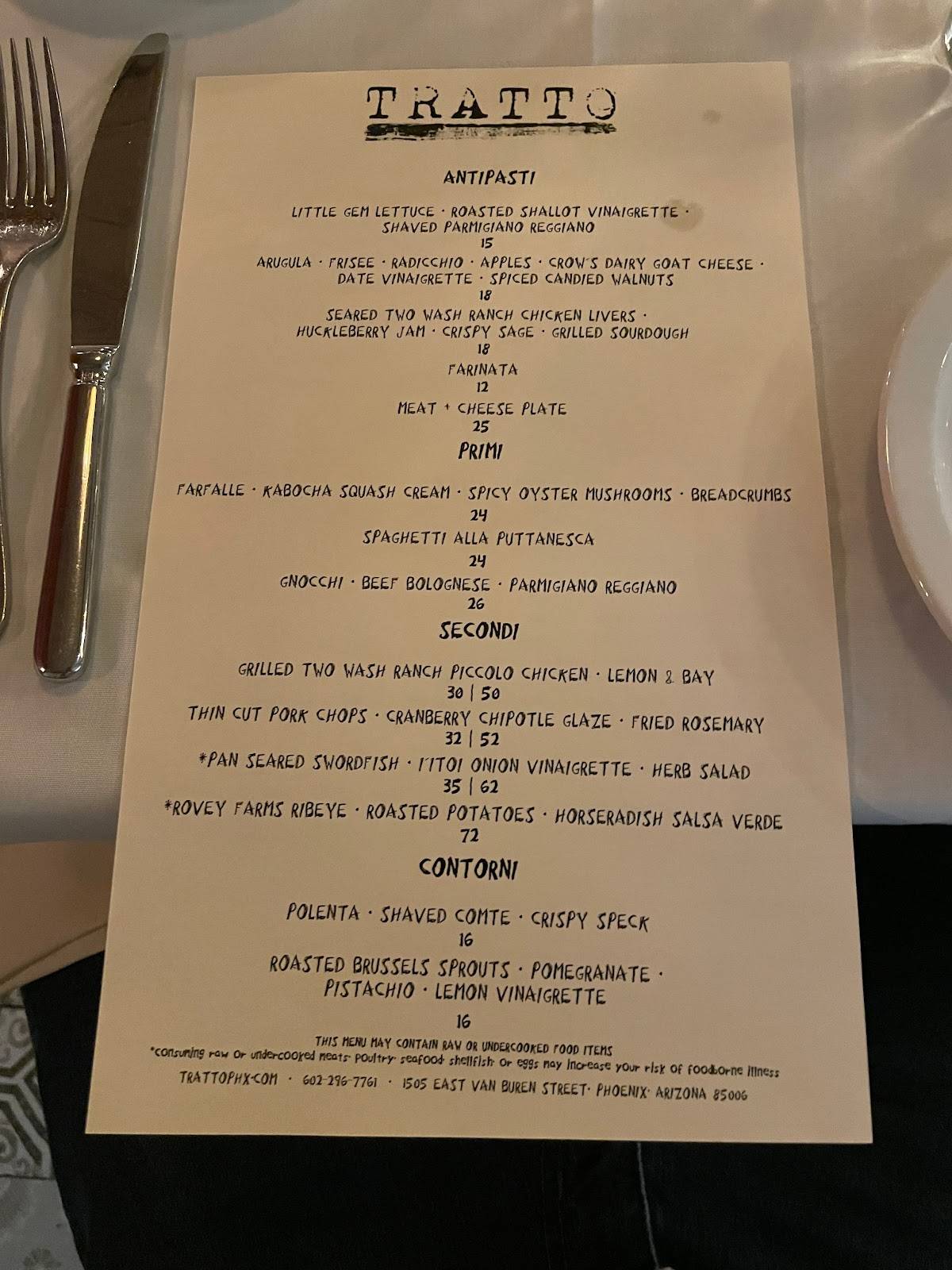 Menu at Tratto pub & bar, Phoenix, E Van Buren St