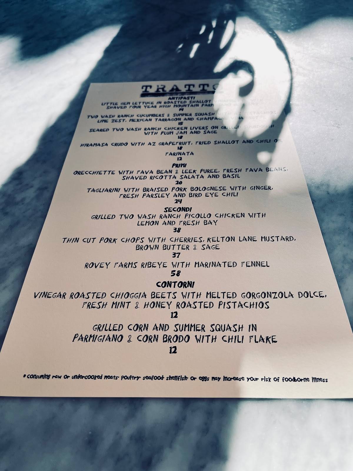 Menu at Tratto pub & bar, Phoenix, E Van Buren St