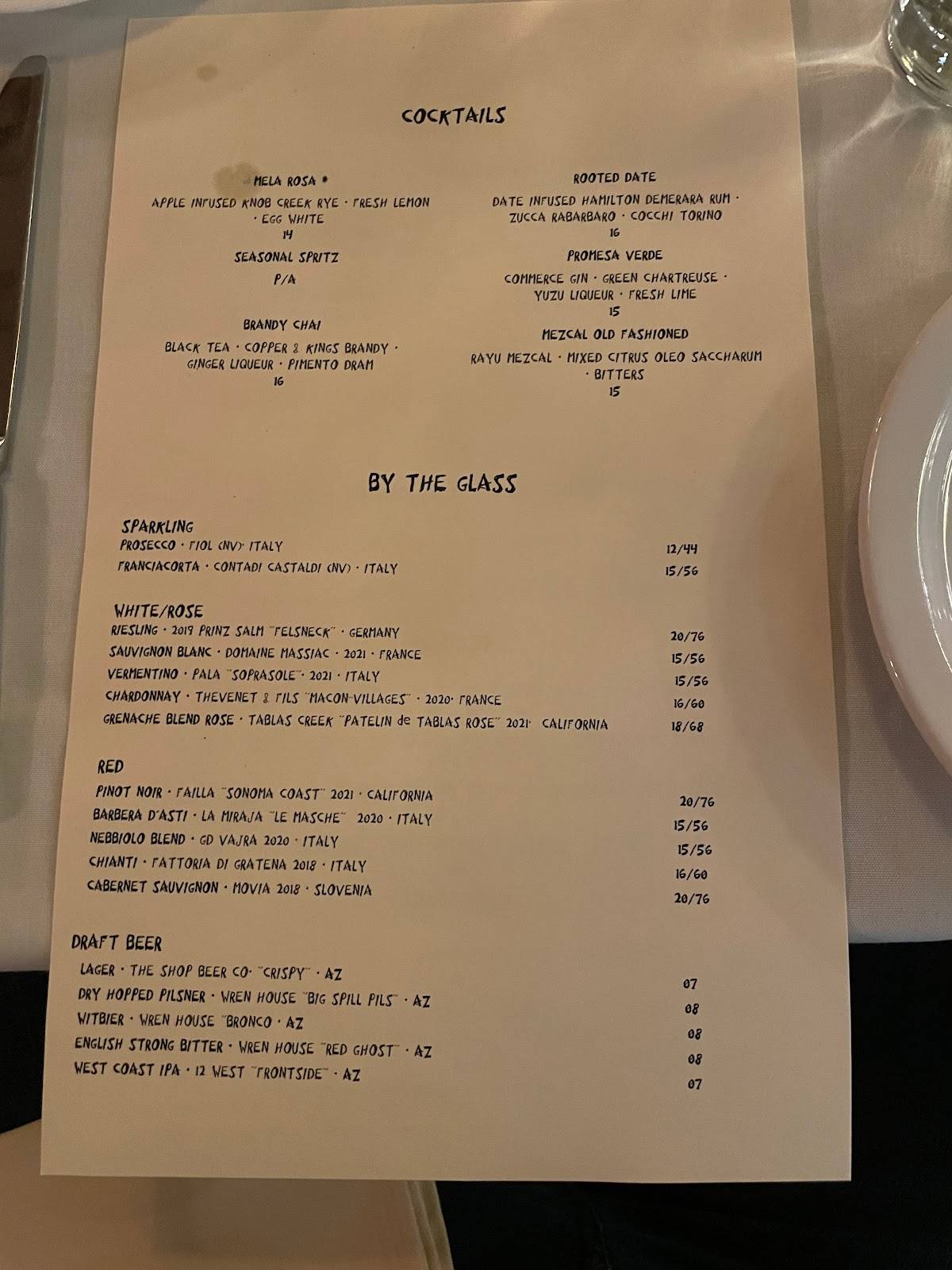 Menu at Tratto pub & bar, Phoenix, E Van Buren St