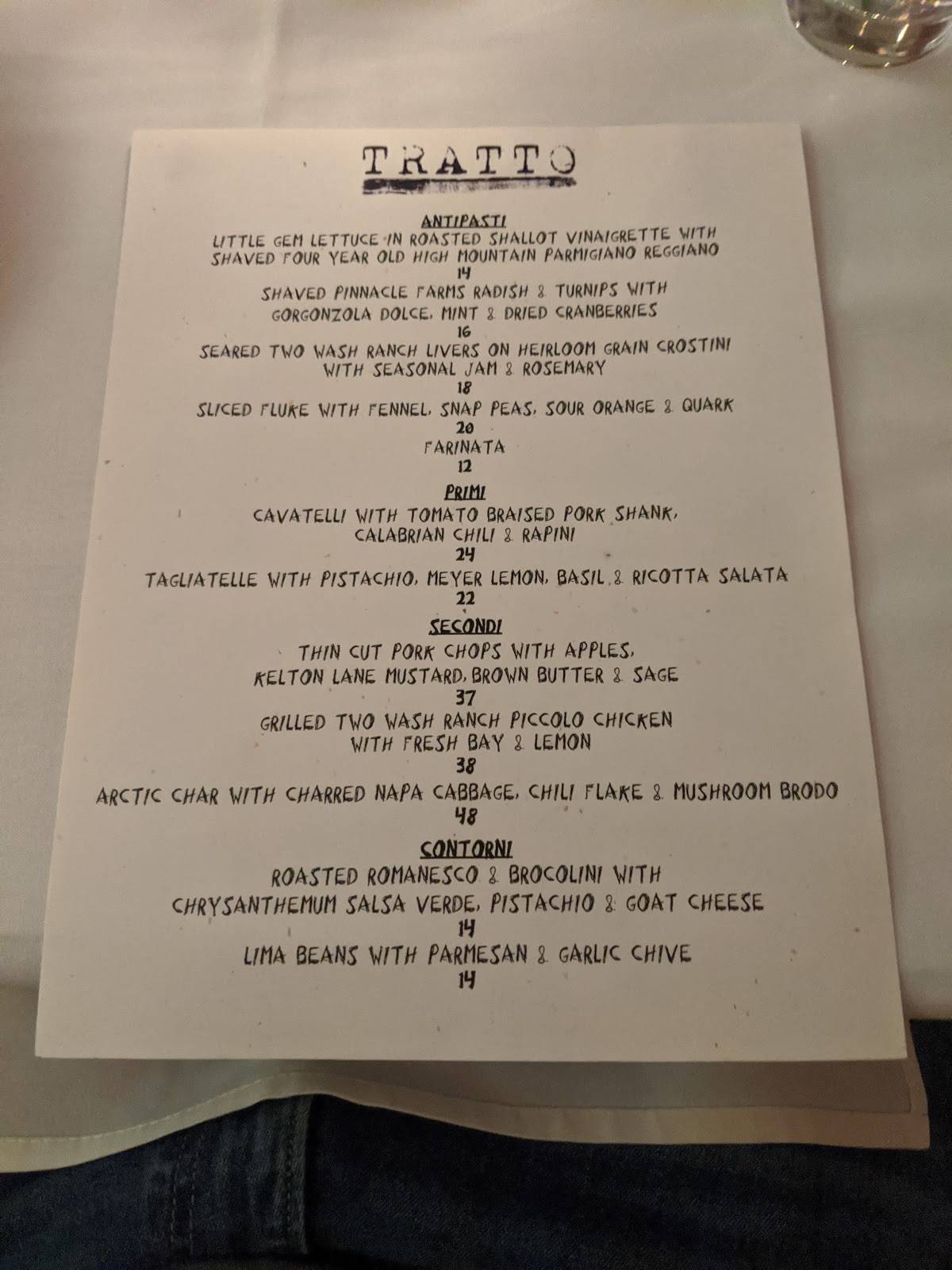 Menu at Tratto pub & bar, Phoenix, E Van Buren St