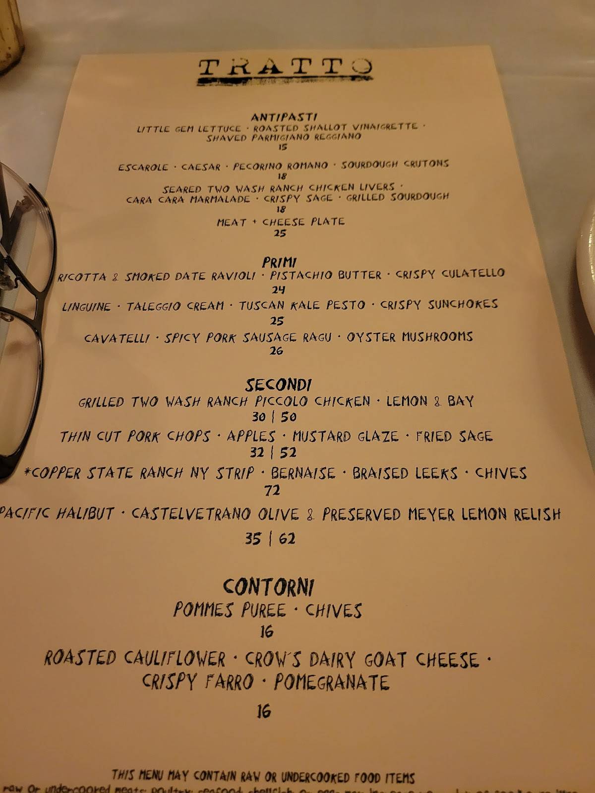 Menu at Tratto pub & bar, Phoenix, E Van Buren St