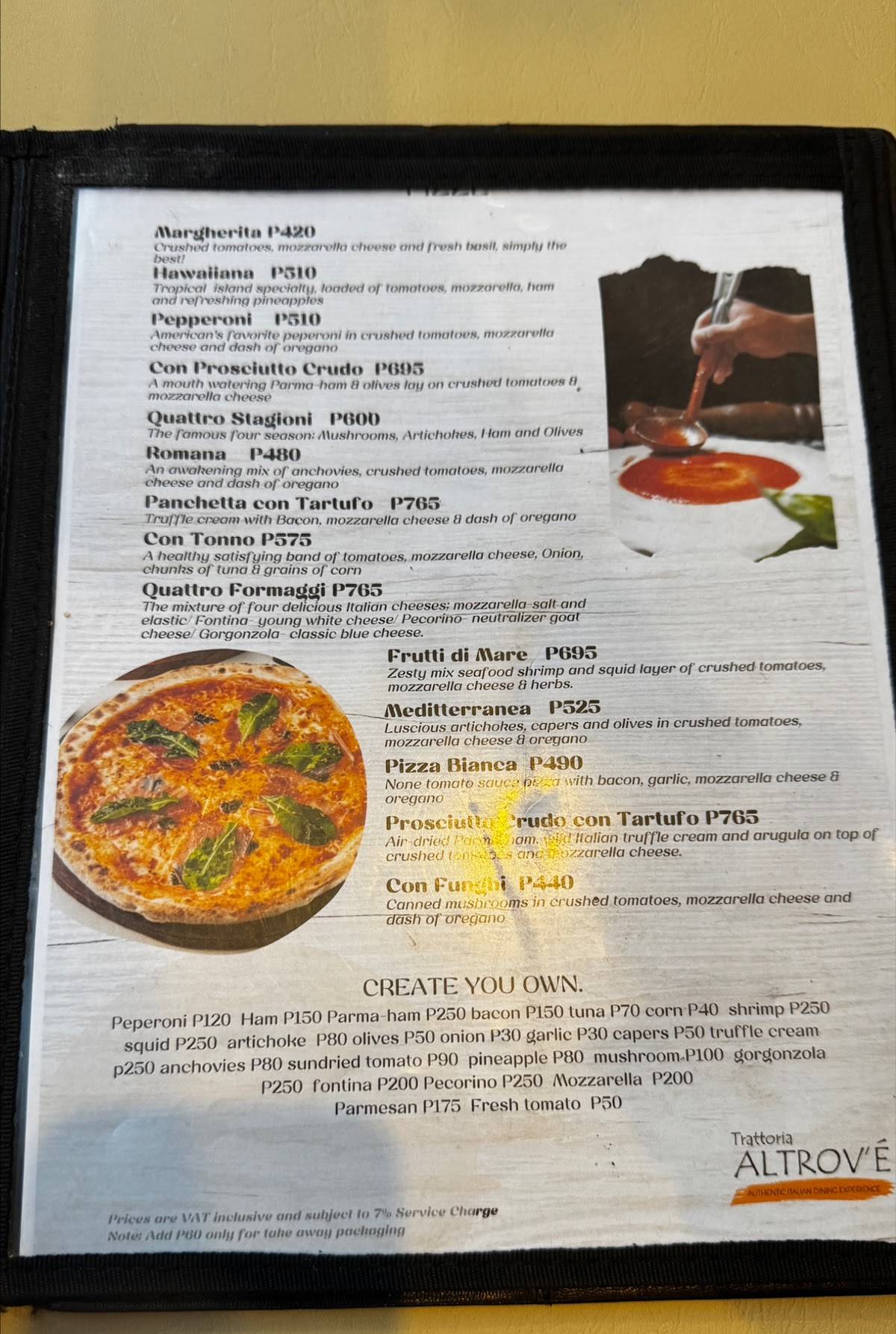 Menu at Trattoria Altrove restaurant, El Nido