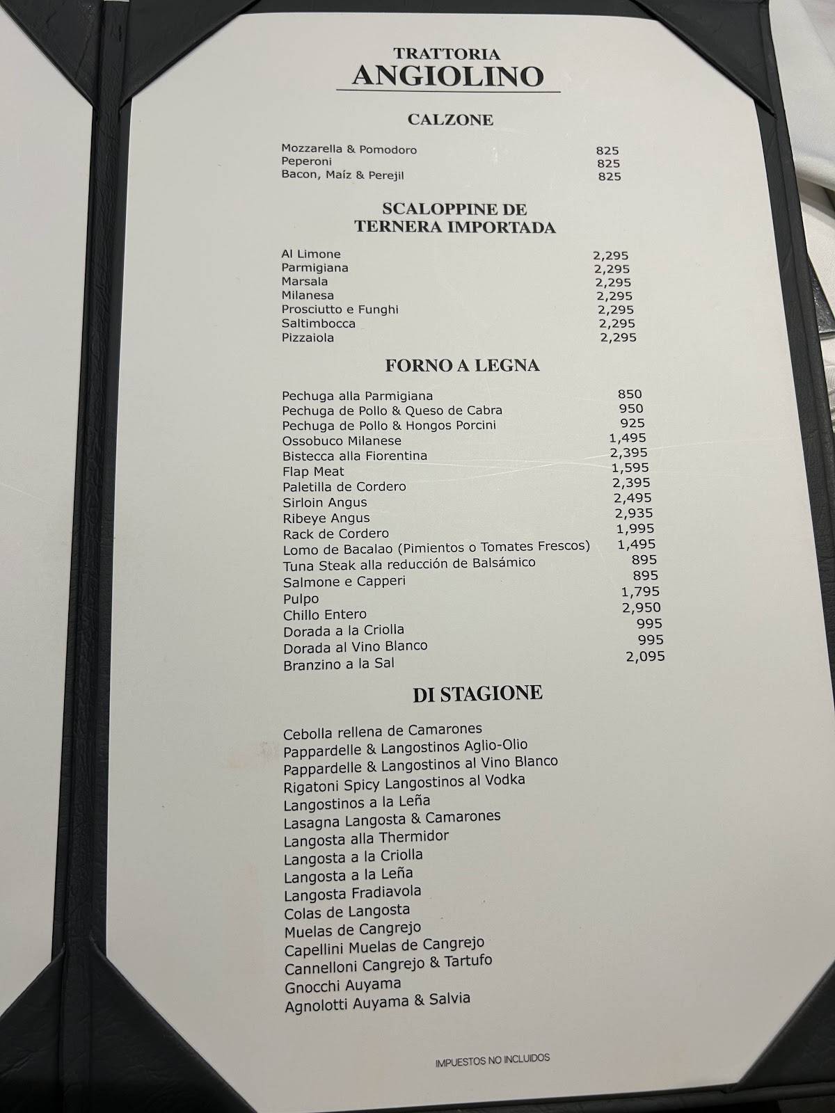 Menu at Trattoria Angiolino restaurant, Santo Domingo, C. Max Henriquez ...