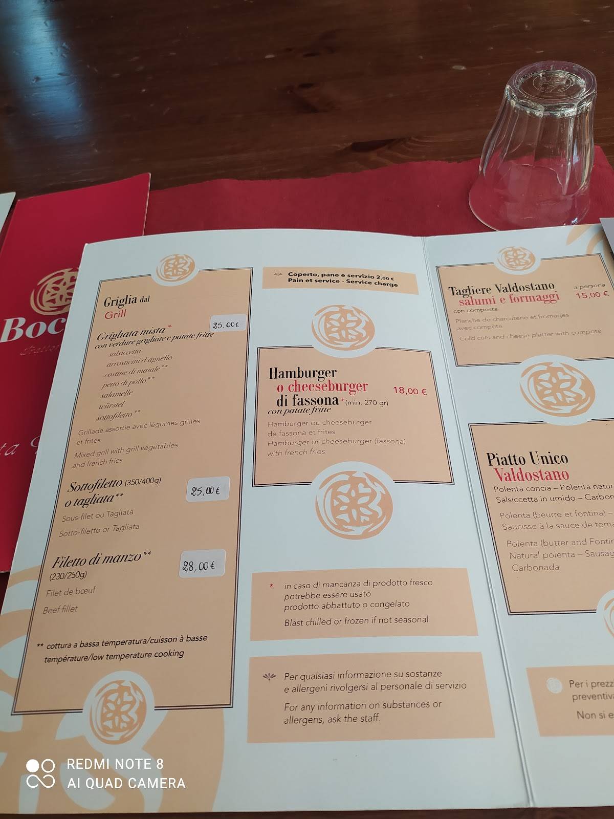 Menu da Il Boccio ristorante, Aosta
