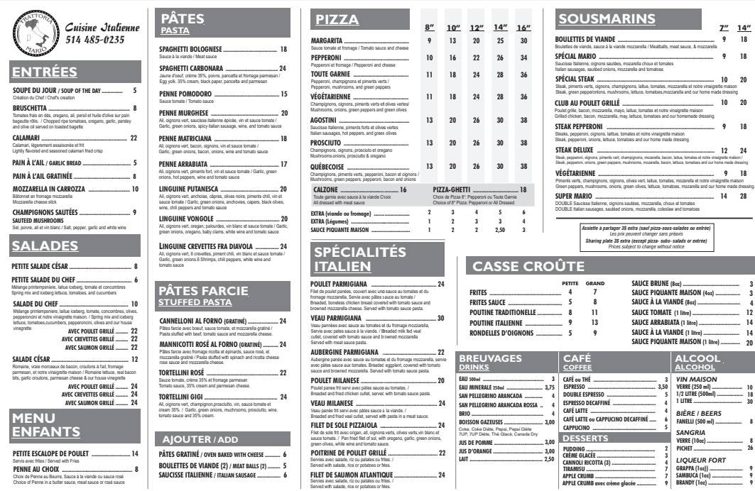 Menu au Trattoria Mario pizzeria, Montréal