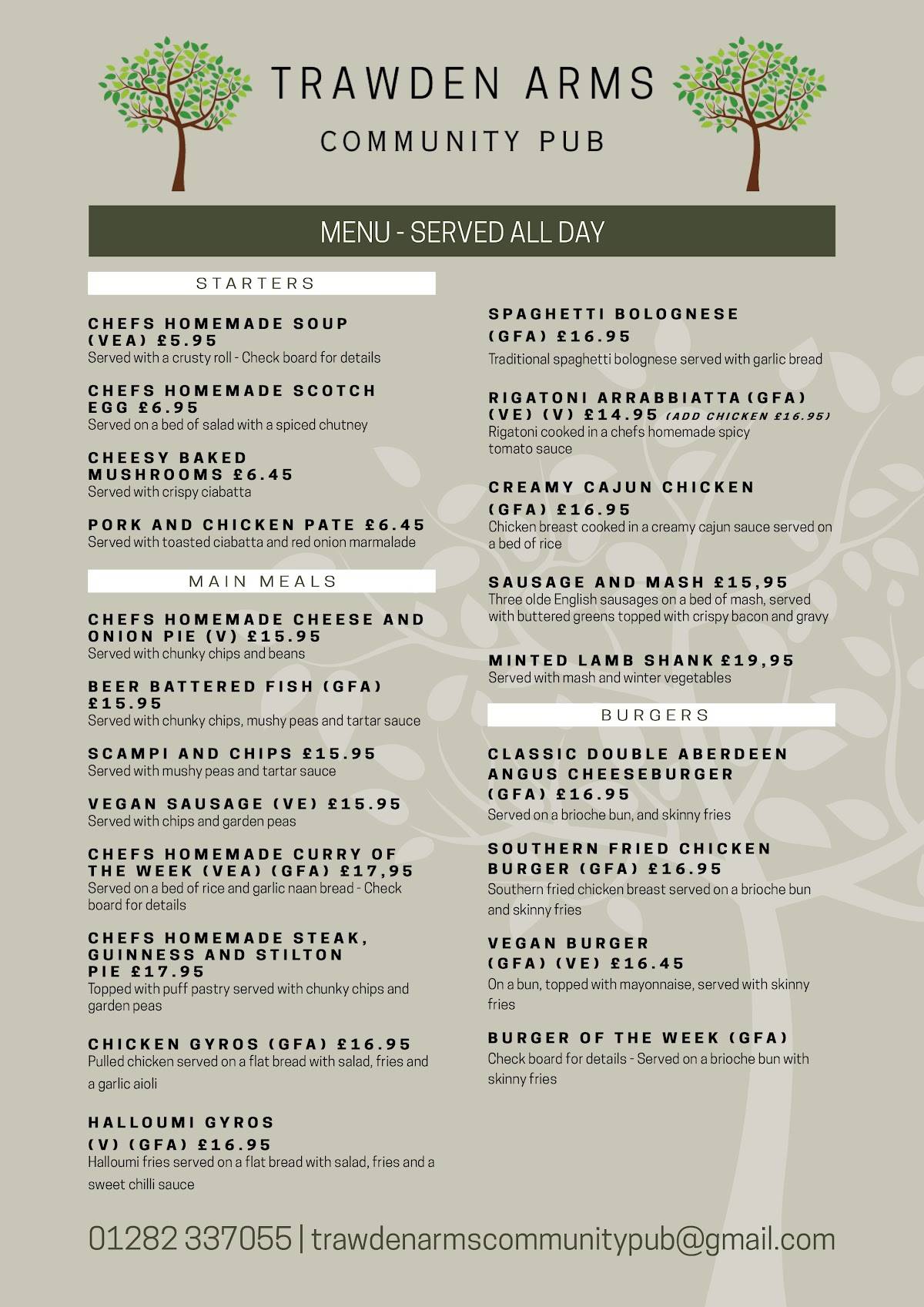 Menu at Trawden Arms pub & bar, Colne