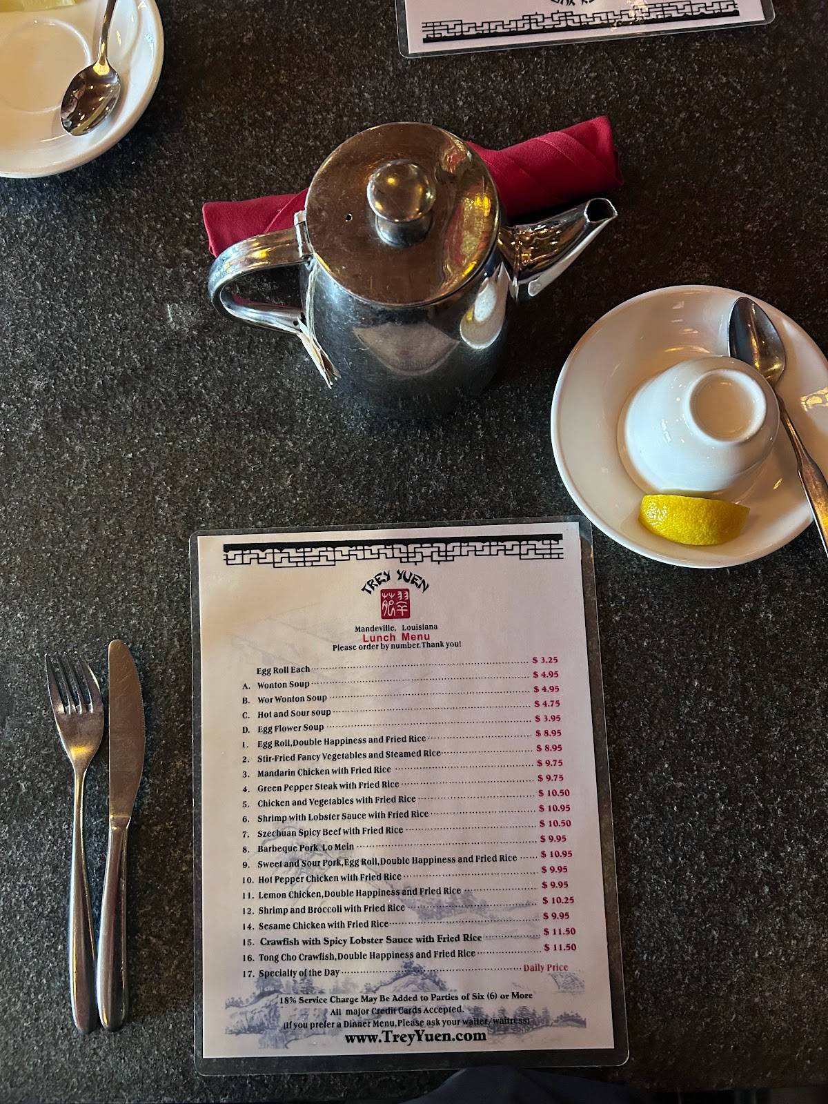 Menu at Trey Yuen restaurant, Mandeville, 600 N Causeway Blvd
