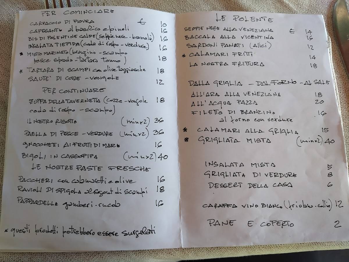 Menu at Tavernetta al Molo restaurant, Trieste