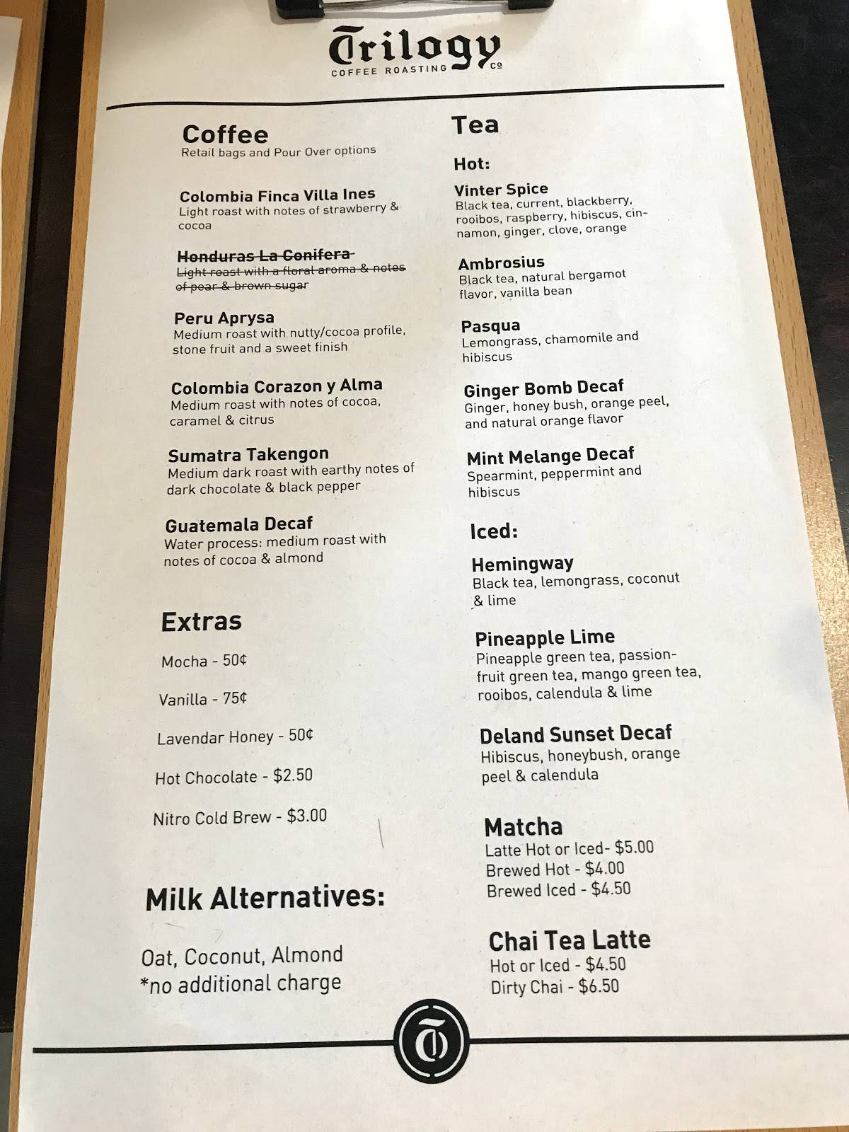 Menu at Trilogy Coffee Roasting Co cafe, DeLand