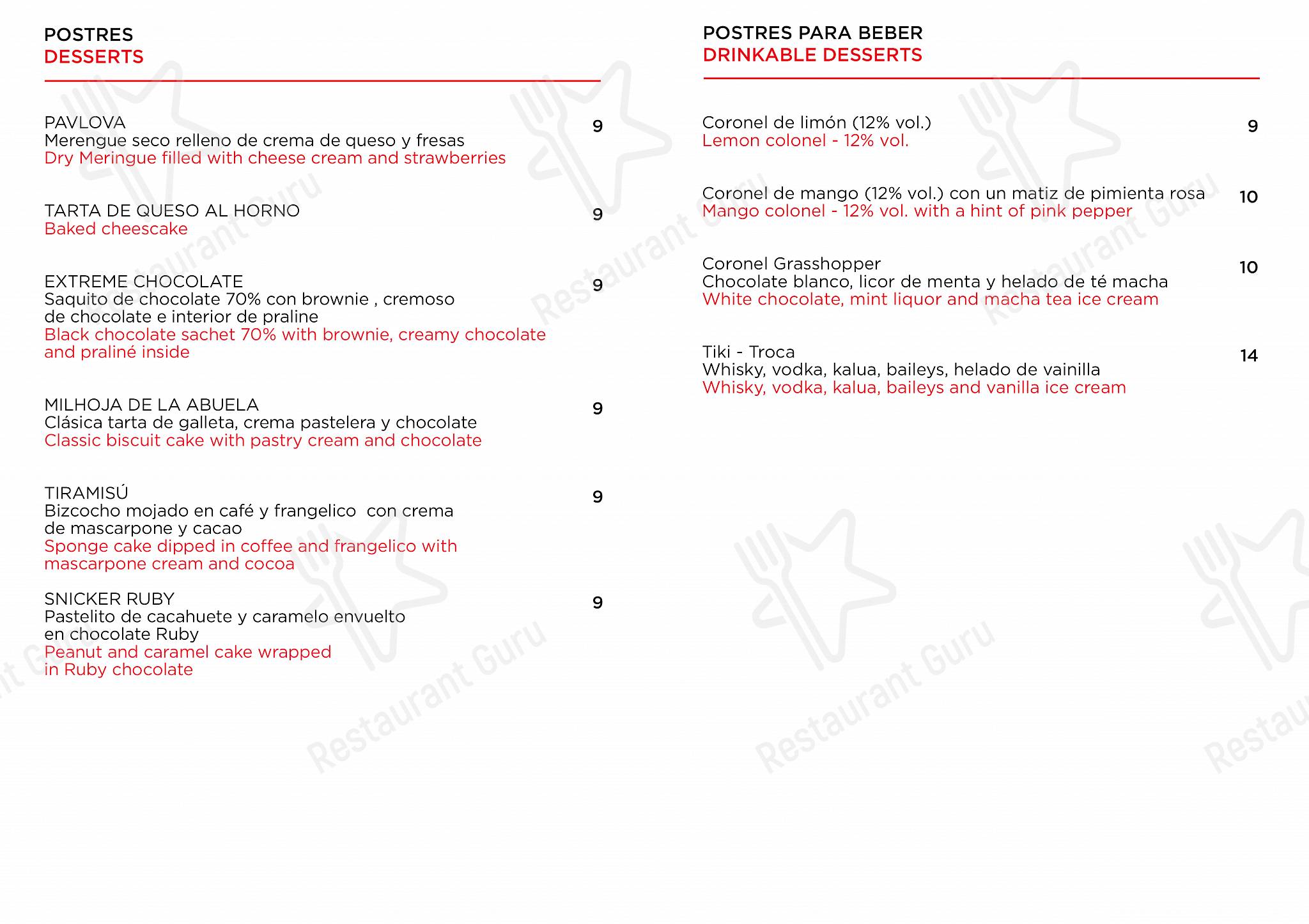 Carta del restaurante Trocadero Petit Playa, Marbella