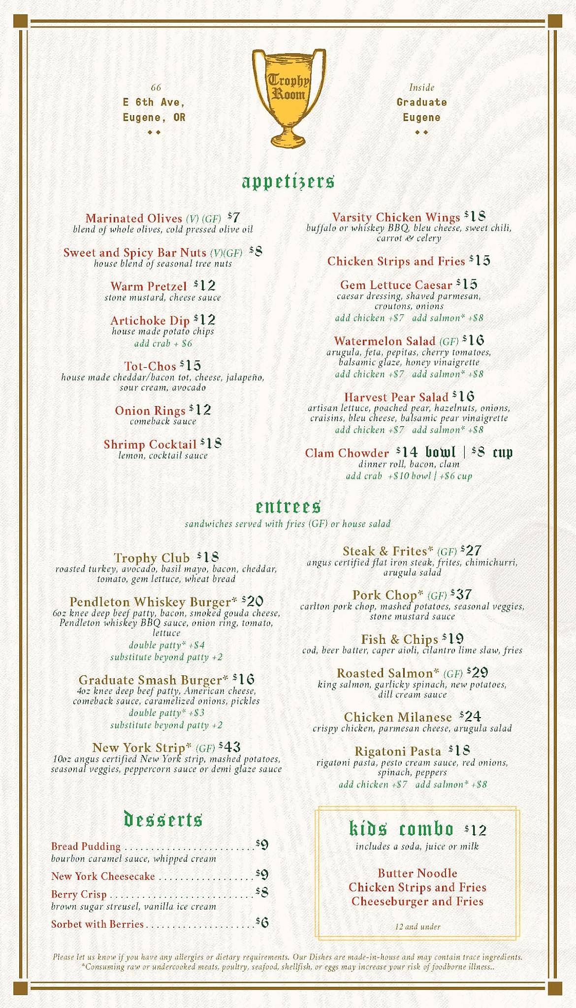 Menu at Trophy Room restaurant, Eugene