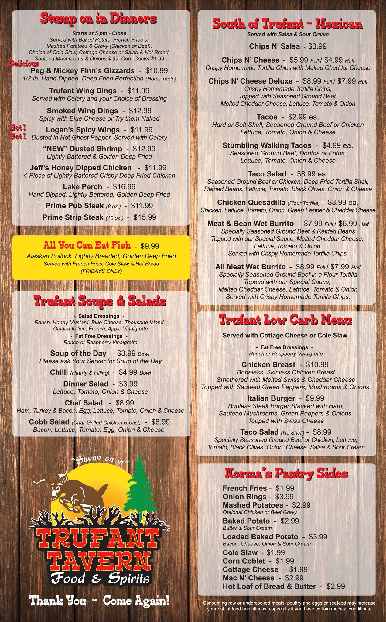 Menu at Trufant Tavern restaurant, Trufant