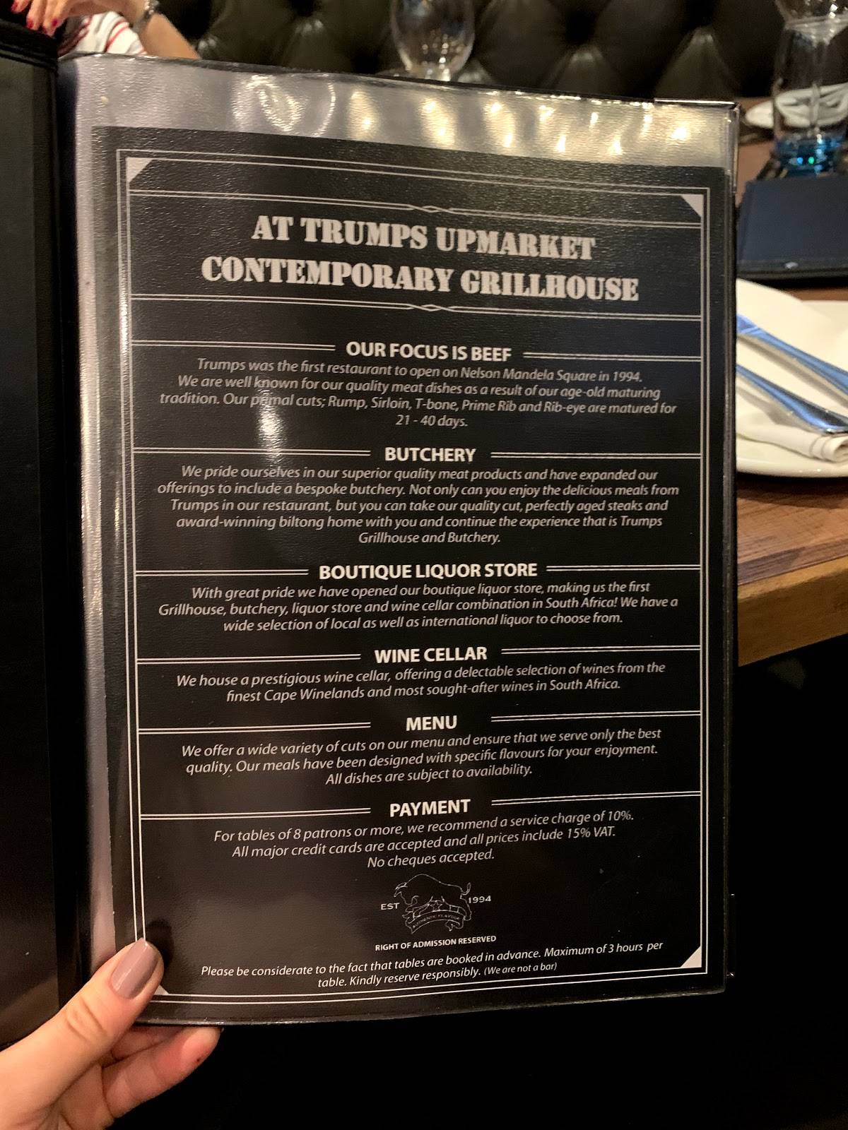 Menu at Trumps Grillhouse and Butchery pub & bar, Sandton
