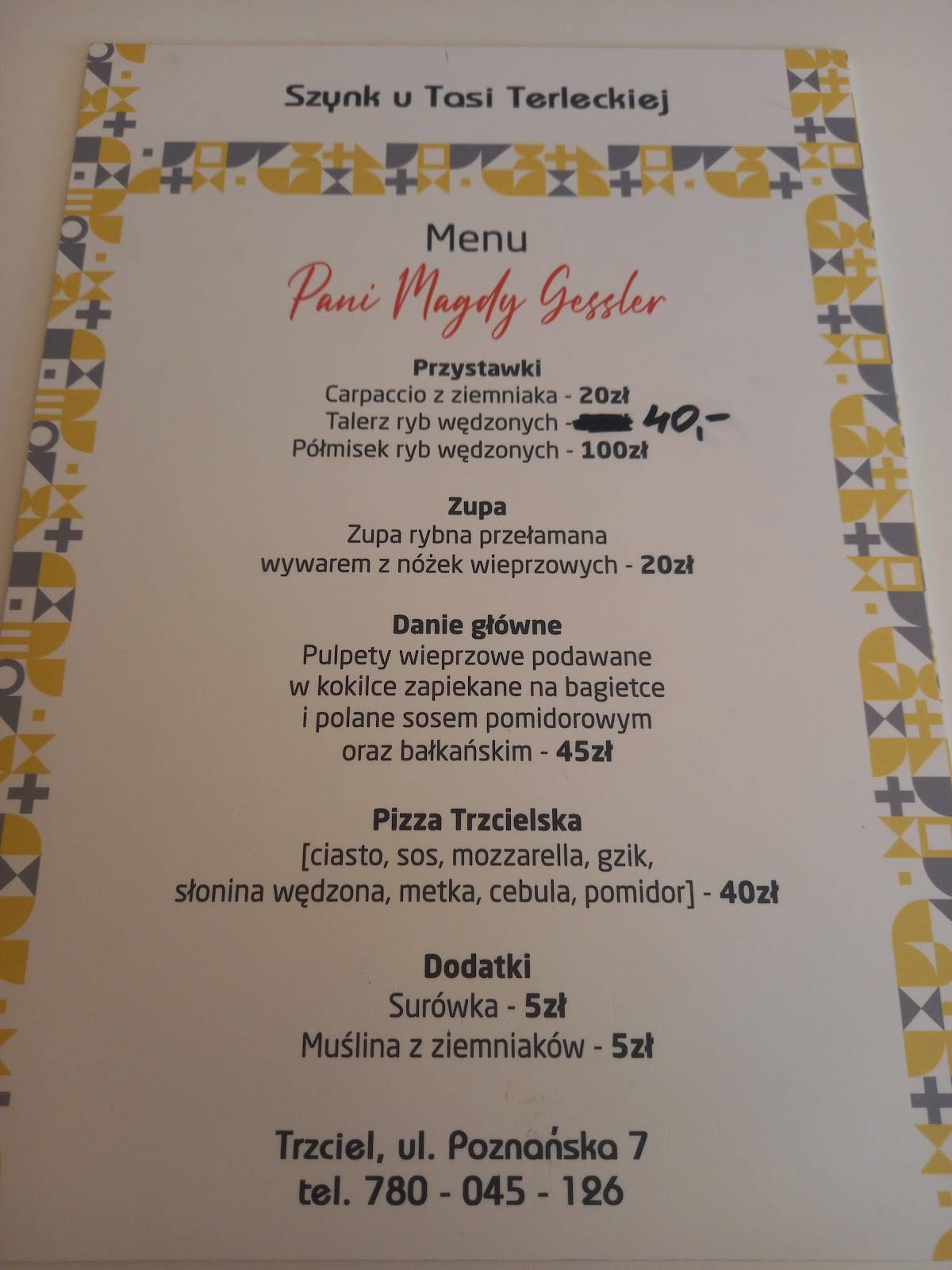Menu at Szynk u Tasi Terleckiej restaurant, Trzciel