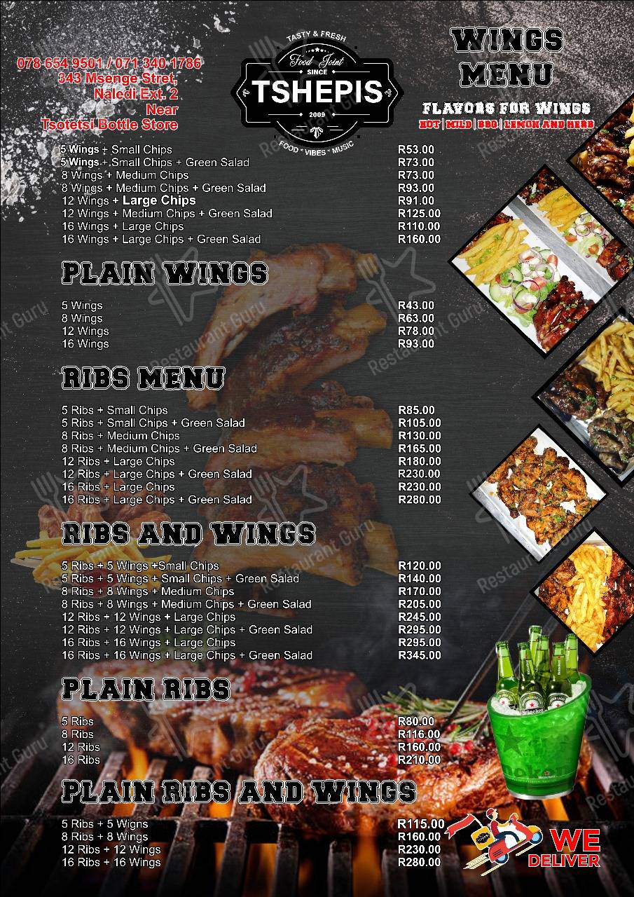 Menu at Tshepis Food-joint restaurant, Soweto