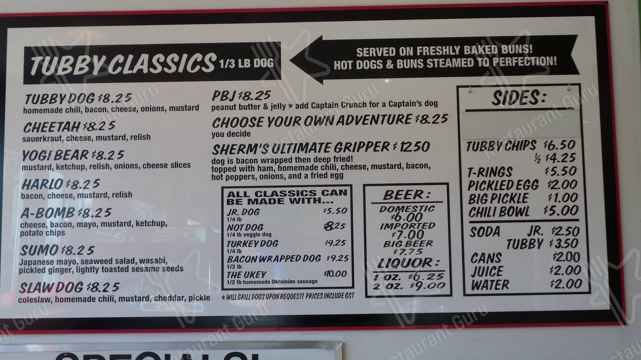 Menu at Tubby Dog restaurant, Calgary