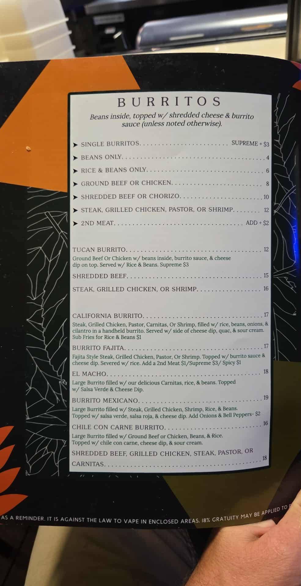 Menu at Tucán Mexican Restaurant, Pensacola